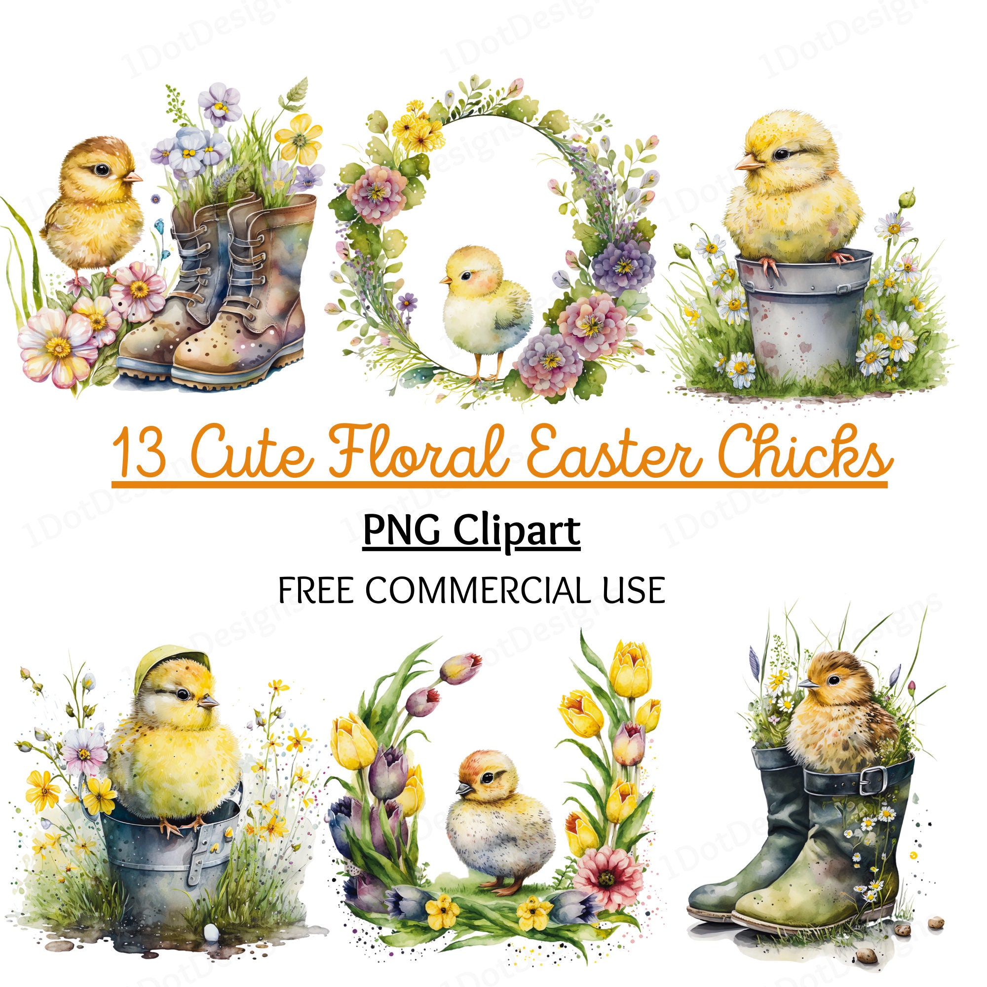 Floral Easter Chick Clipart Bundle, Easter PNG, Watercolor Clipart ...