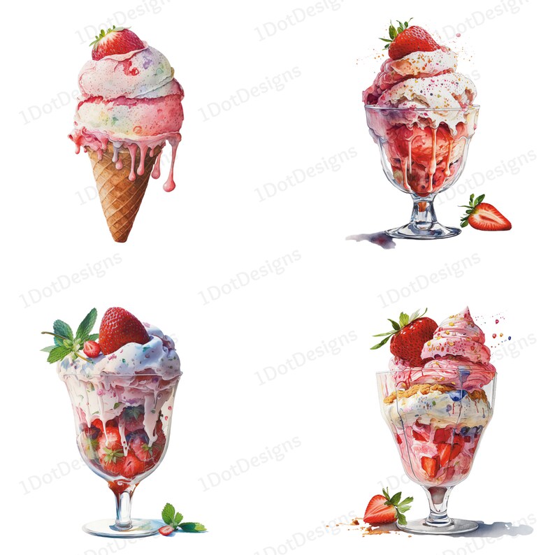Strawberry Icecream Clipart Bundle, Summer PNG, Watercolor Clipart ...