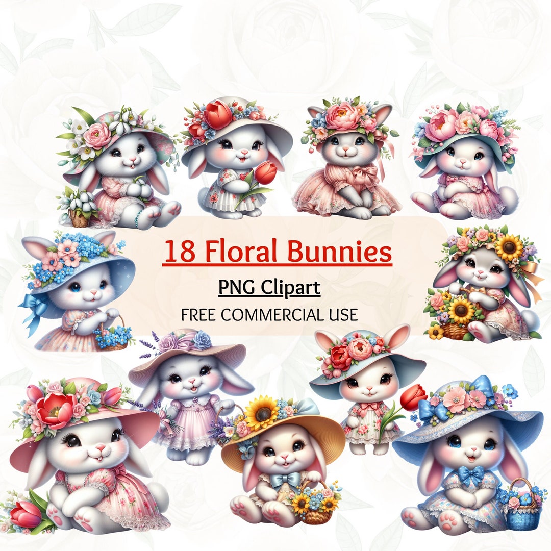Floral Bunny Clipart Bundle, Easter PNG Graphics (commercial Use) - Etsy