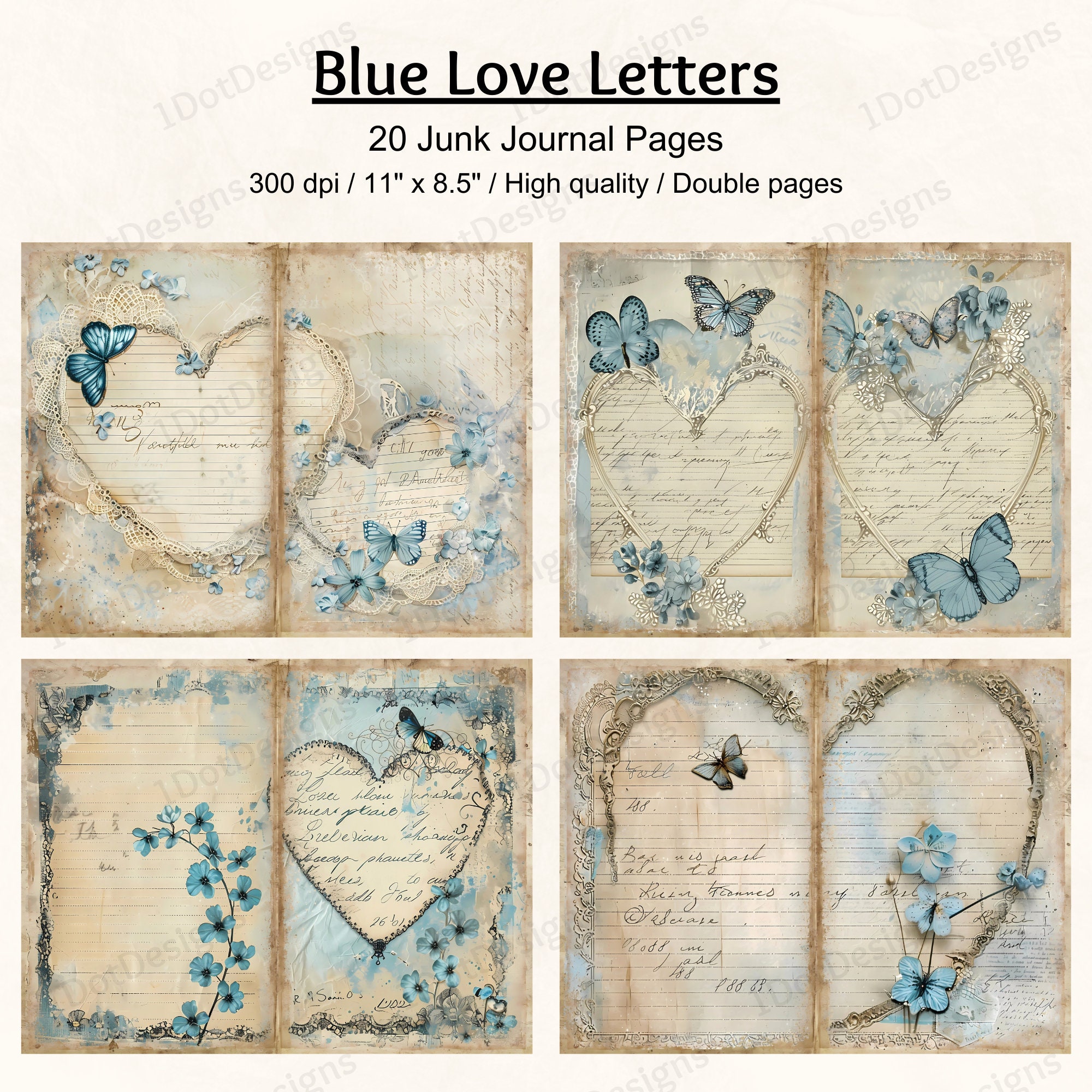Blue Love Letters Journal Pages, Scrapbook Supplies, Digital Junk ...