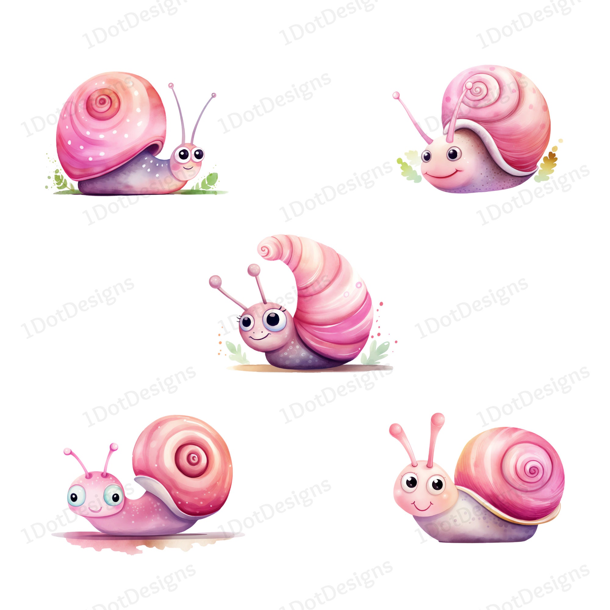 Cute Pink Snail Clipart Bundle, Nursery PNG, Pink Botanical Clipart ...