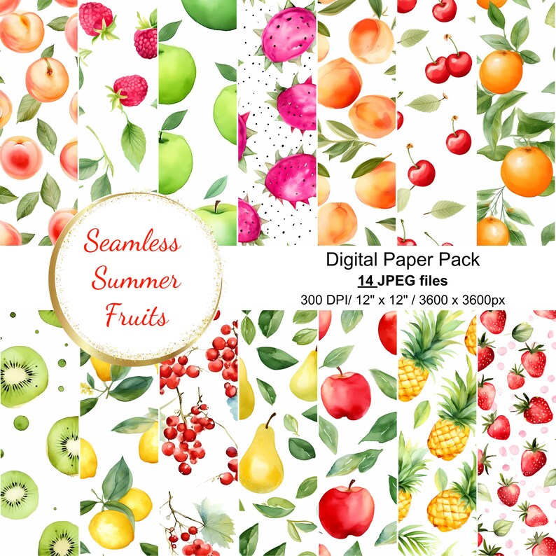 Summer Fruit Digital Paper, Seamless Watercolor Patterns (digital ...