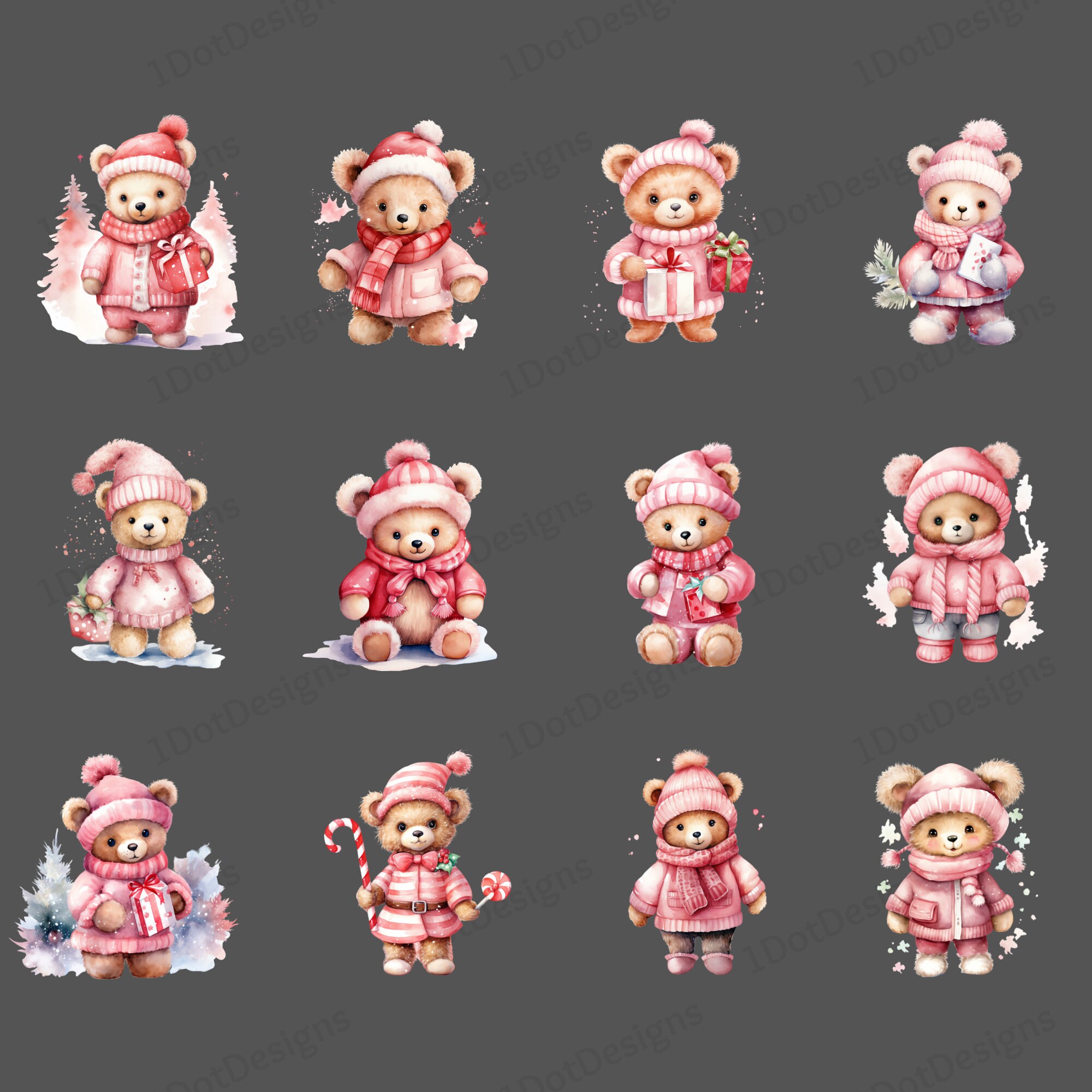 Pink Winter Teddy Bear Clipart Bundle, Christmas PNG, Christmas Clipart ...