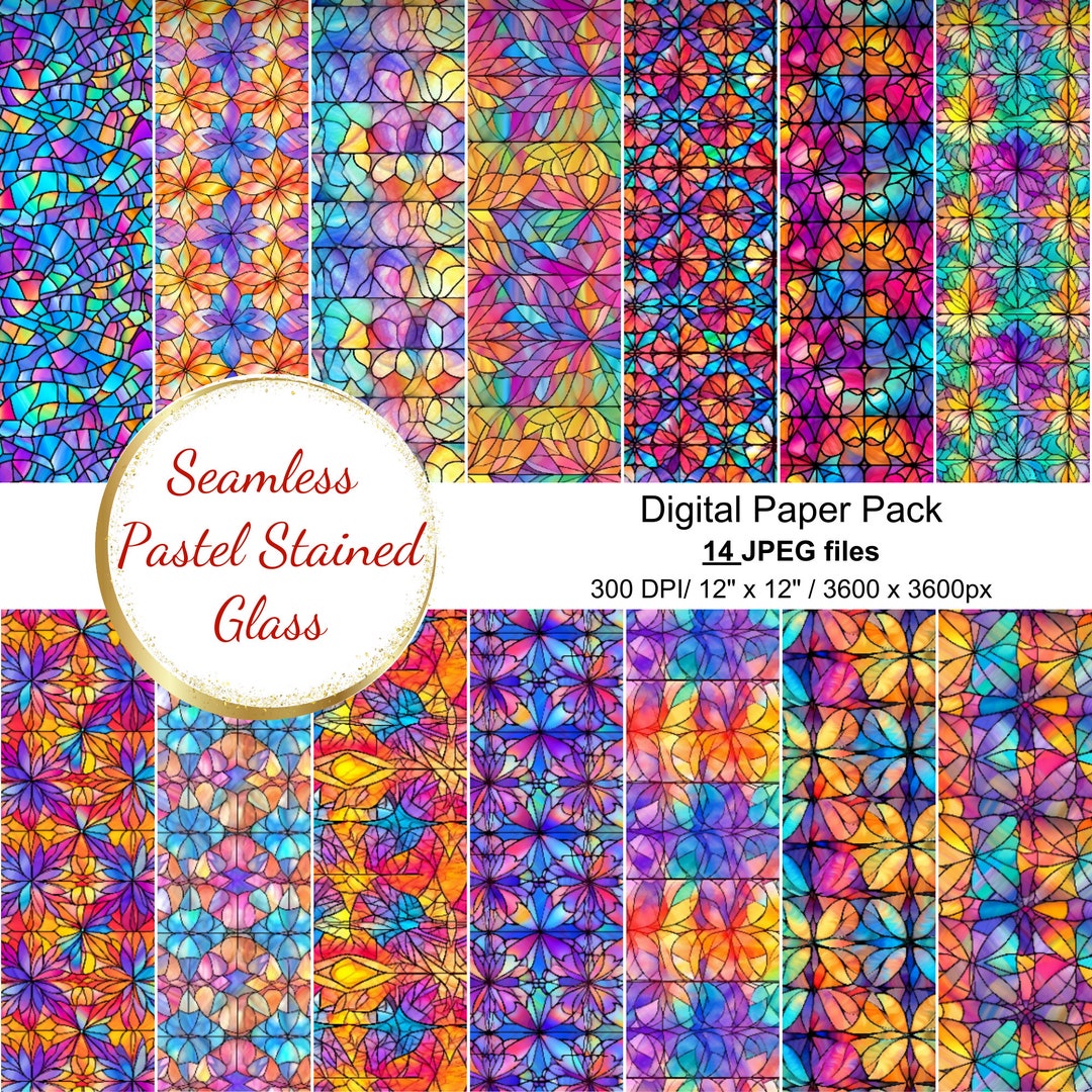 Pastel Stained Glass Digital Paper, 14 Seamless Patterns, Pastel ...