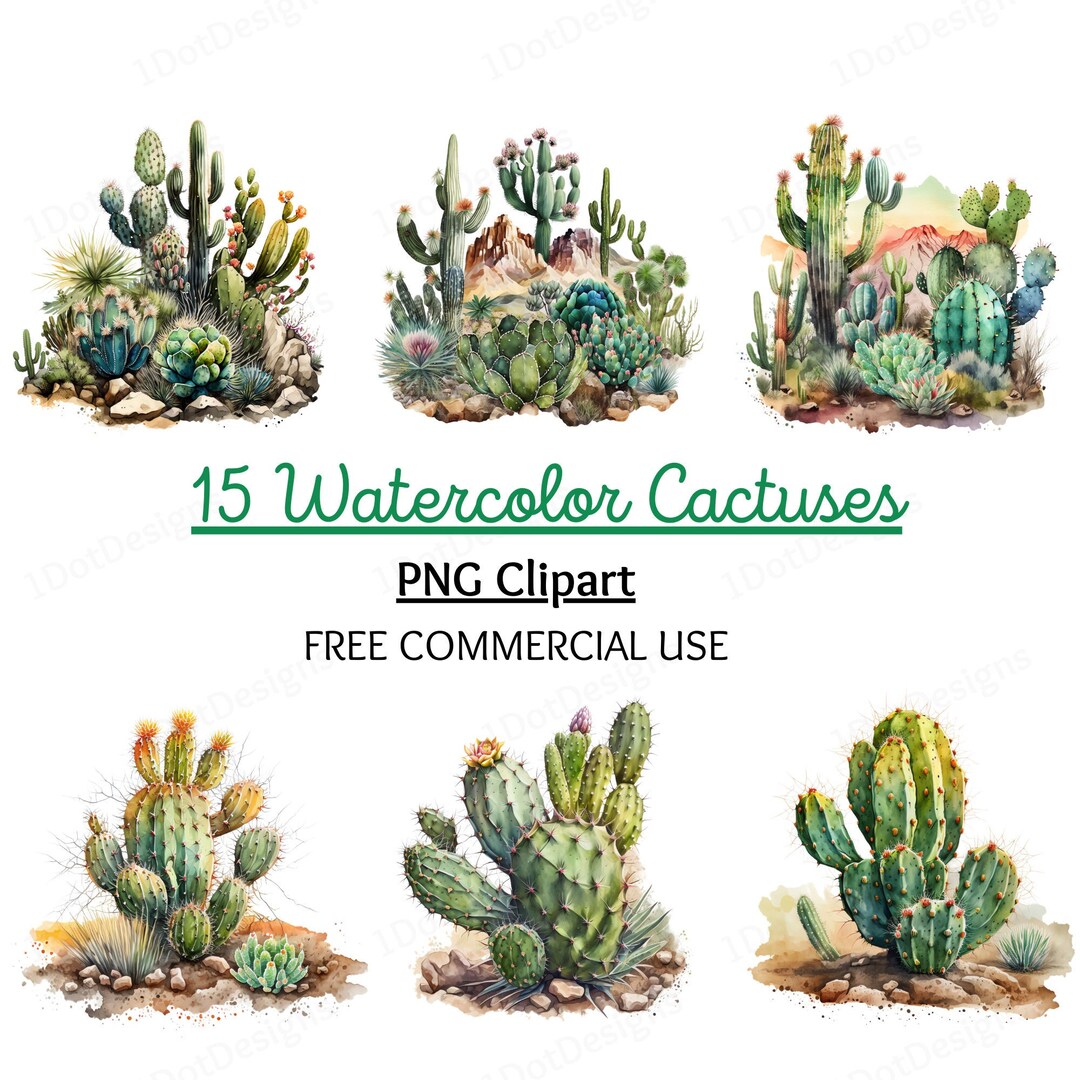 Watercolor Cactus Clipart Bundle, Cactus PNG, Watercolor Clipart, Wild ...
