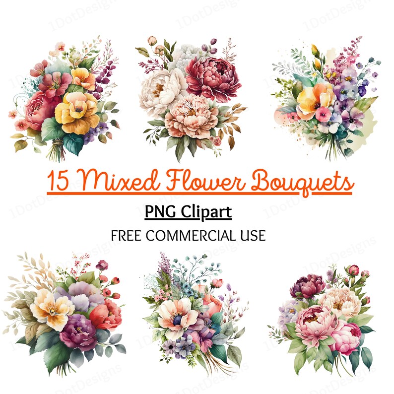 Mixed Flower Bouquet Clipart Bundle, Floral PNG, Watercolor Clipart ...