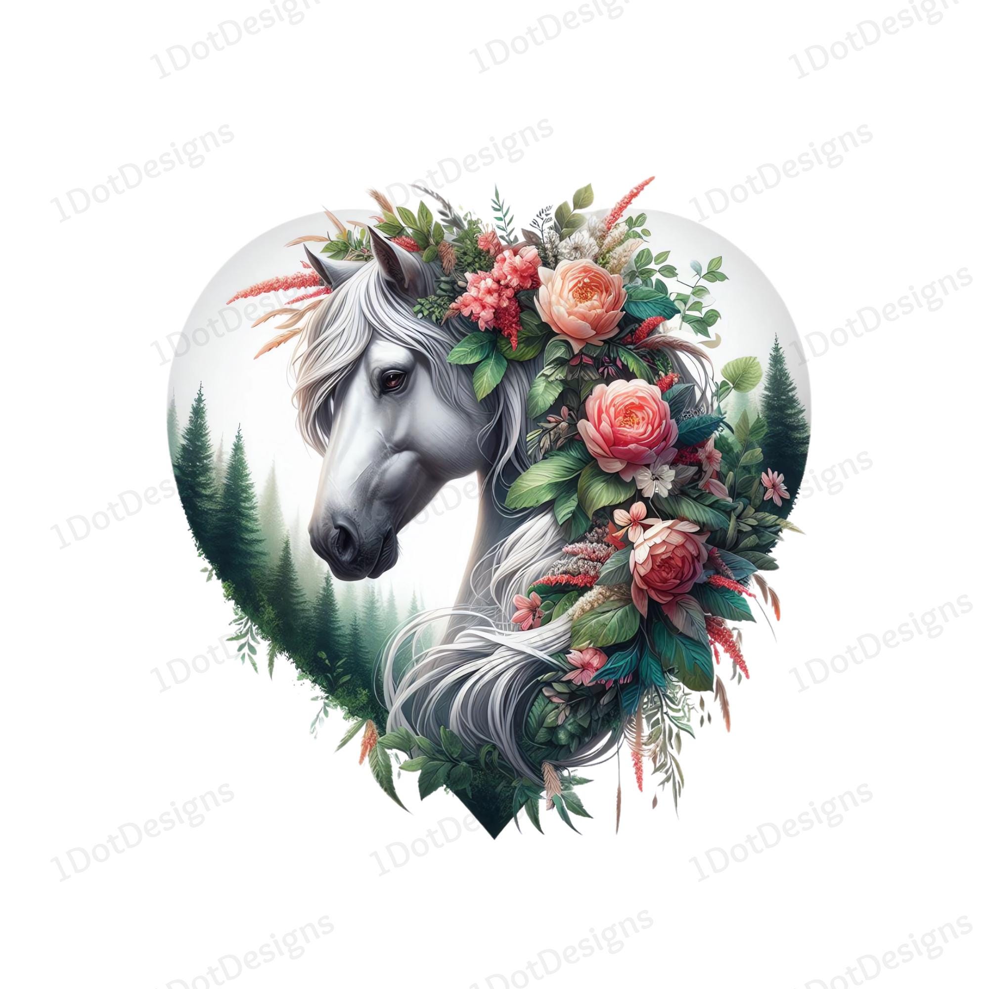 Horses With Roses Clipart, Horse Heart PNG, Horse Clipart, Floral Horse ...