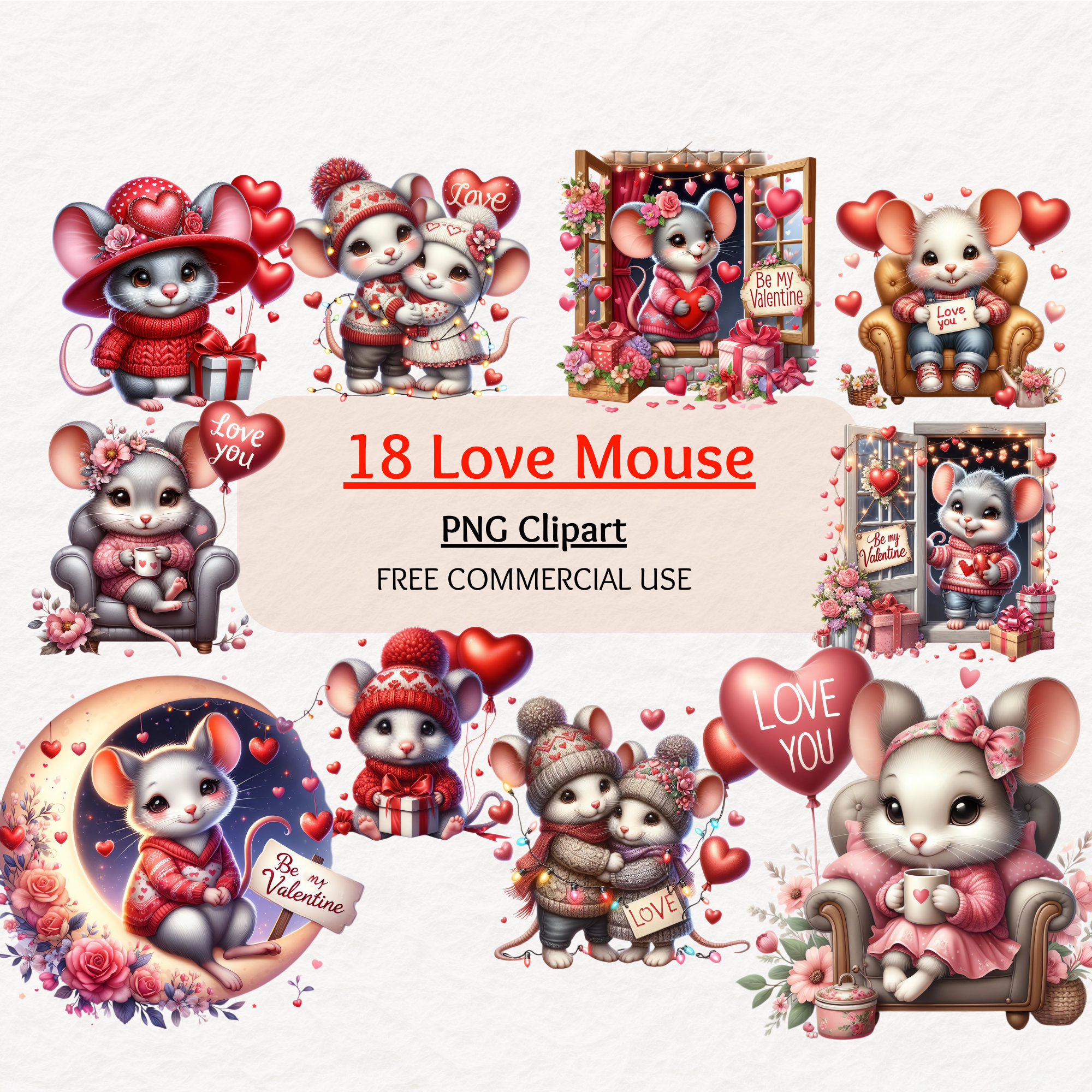 Valentine Mouse Clipart Bundle, Valentines Day Clipart, Love Clipart ...
