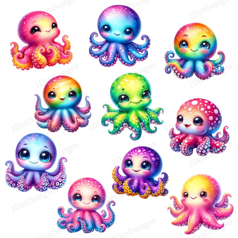 Cute Octopus Watercolor Clipart Bundle, Nursery PNG (digital Download ...