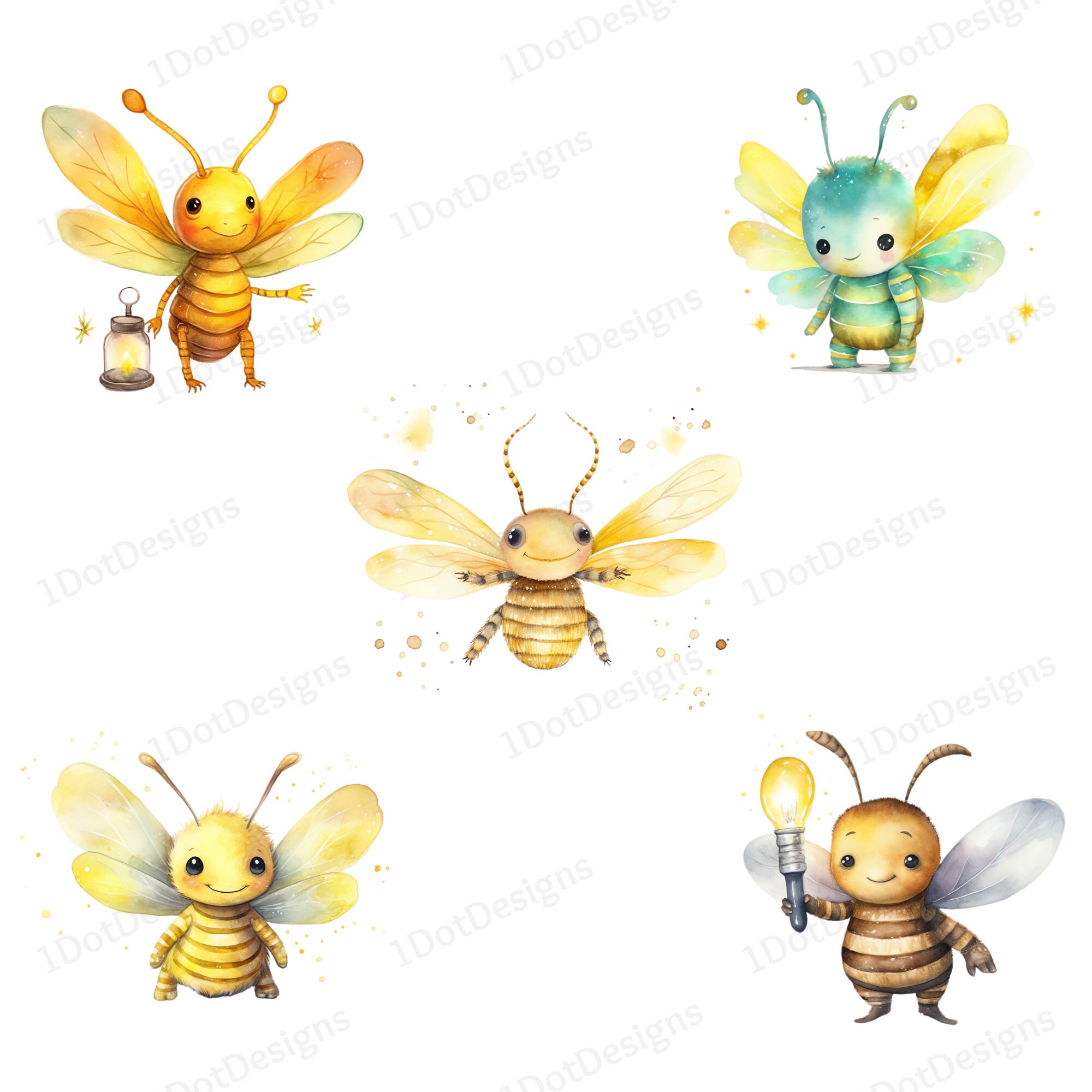 Cute Baby Fireflies Clipart Bundle, Nursery PNG, Watercolor Clipart ...