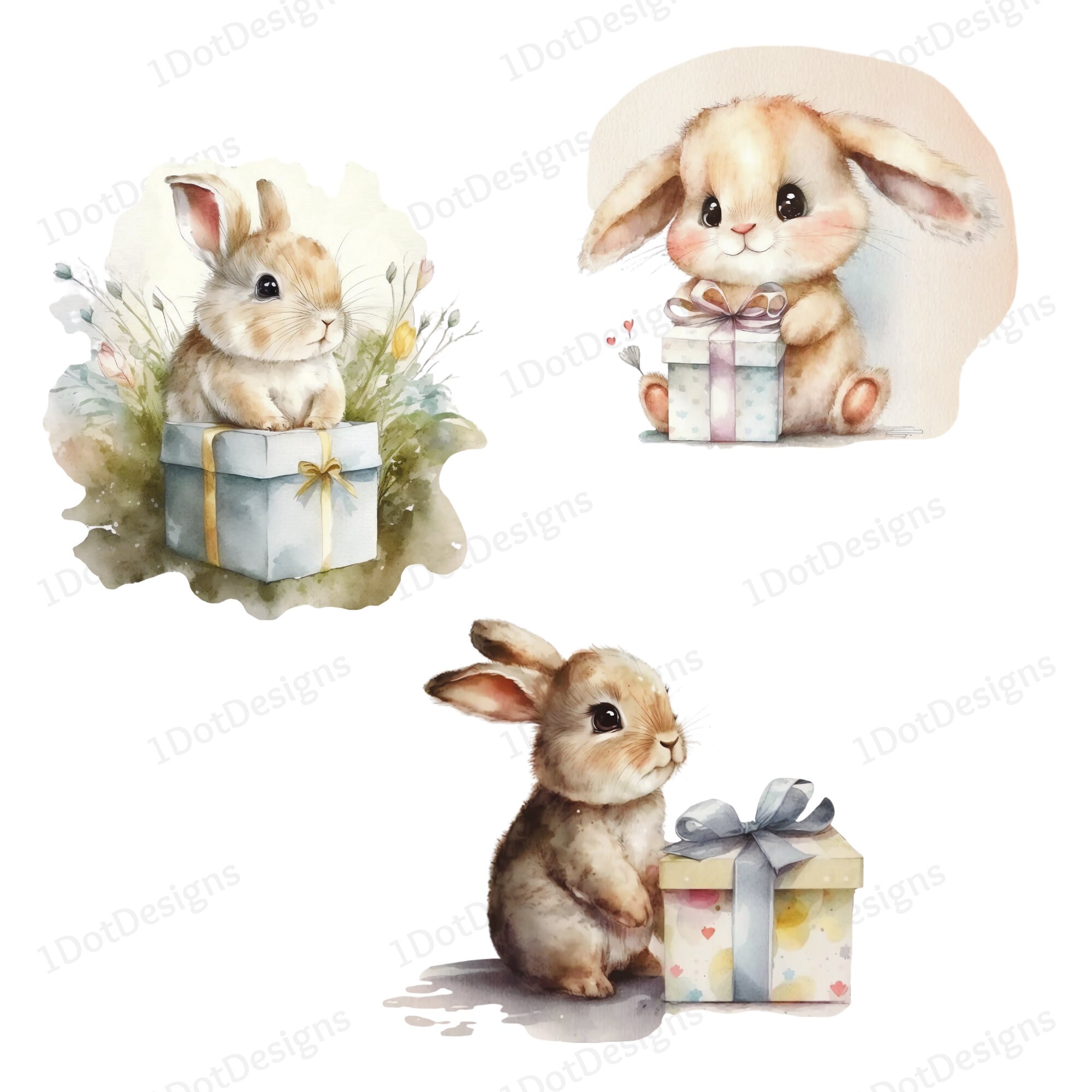Bunny With Gift Box Clipart Bundle, Watercolor Clipart, Cute Bunnies ...