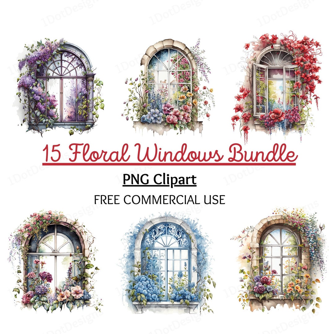 Floral Window Clipart Bundle, Window Clipart, Watercolor Clipart ...