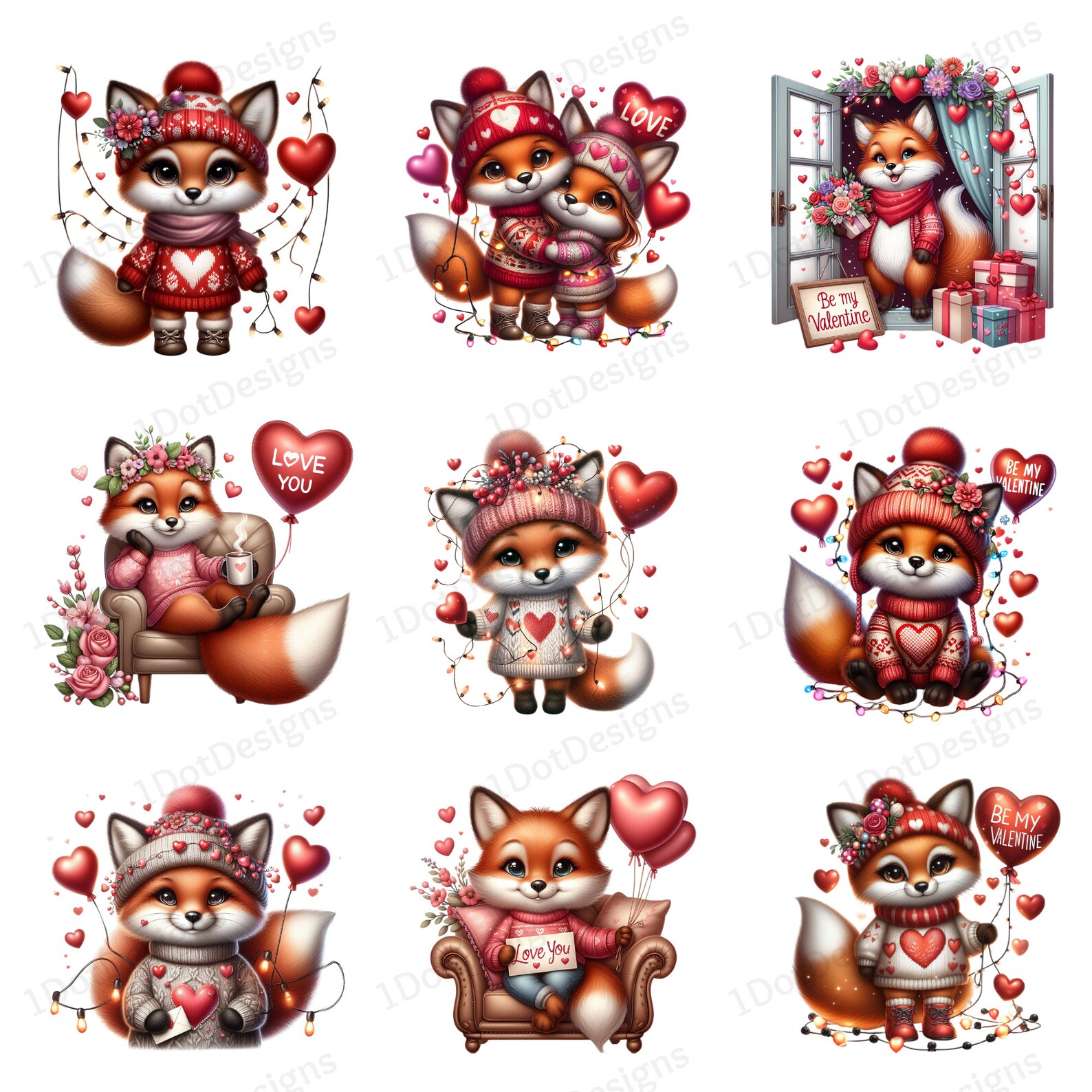 Valentine Fox Watercolor Clipart Bundle, Love Foxes (digital Download ...