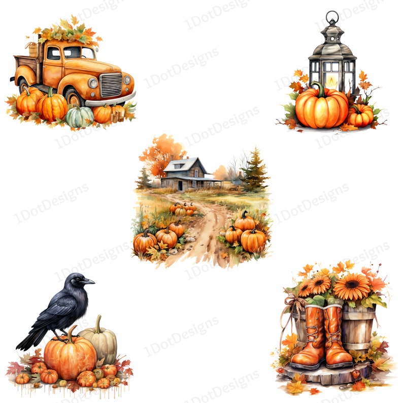 Watercolor Halloween Farmhouse Clipart Bundle (PNG Digital Download) - Etsy