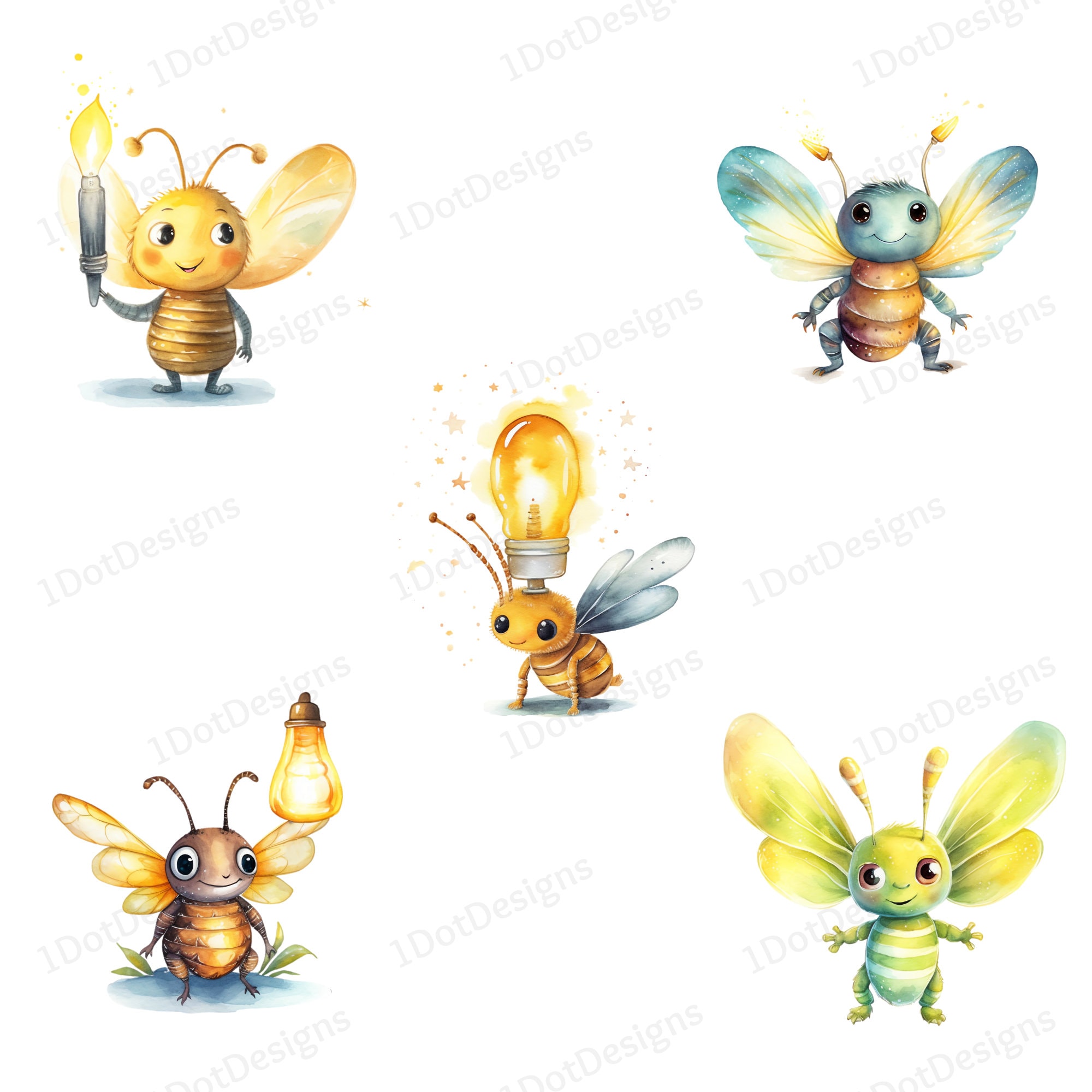 Cute Baby Fireflies Clipart Bundle, Nursery PNG, Watercolor Clipart ...
