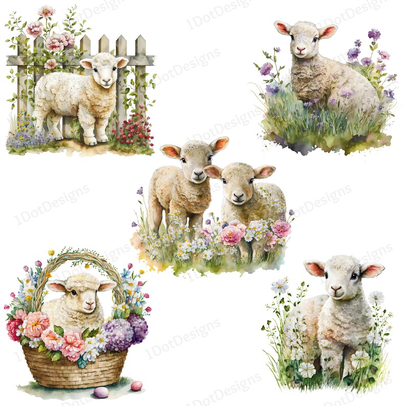 Spring Lamb Clipart Bundle, Sheep PNG, Watercolor Clipart, Floral Lamb ...