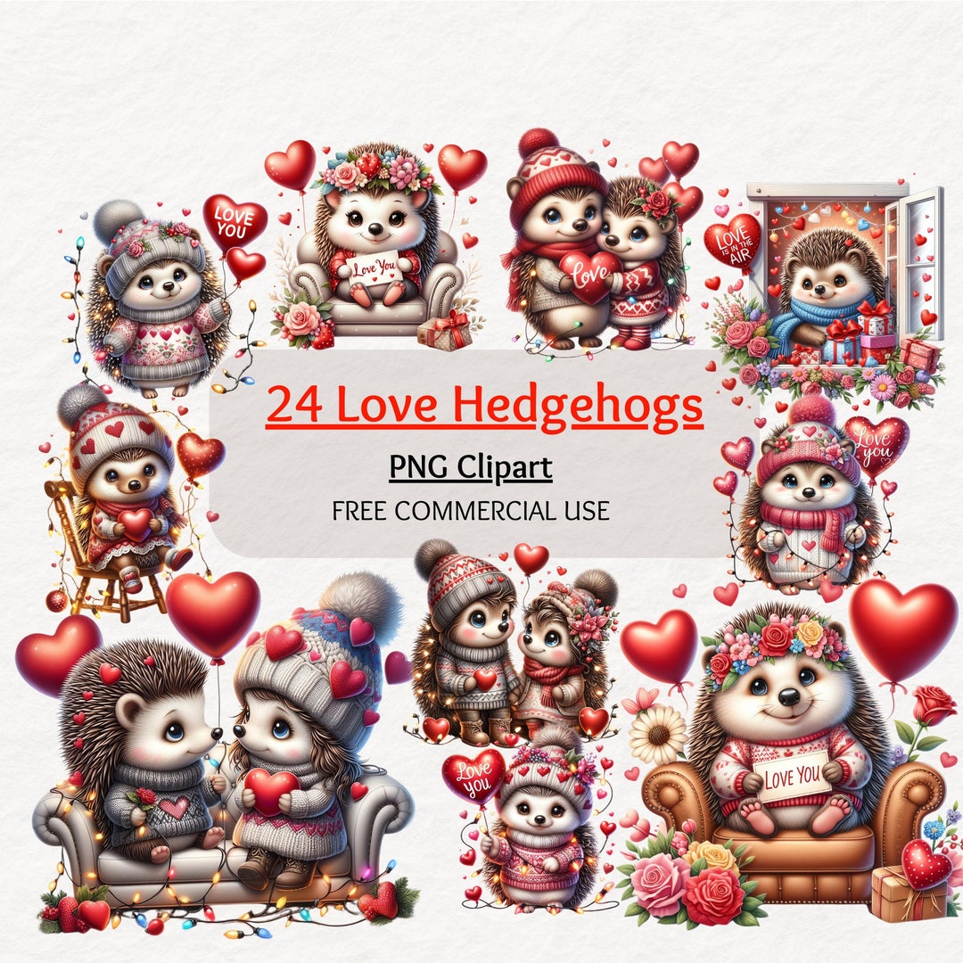 Valentines Hedgehog Clipart Bundle, Valentines Day Clipart, Hedgehog ...