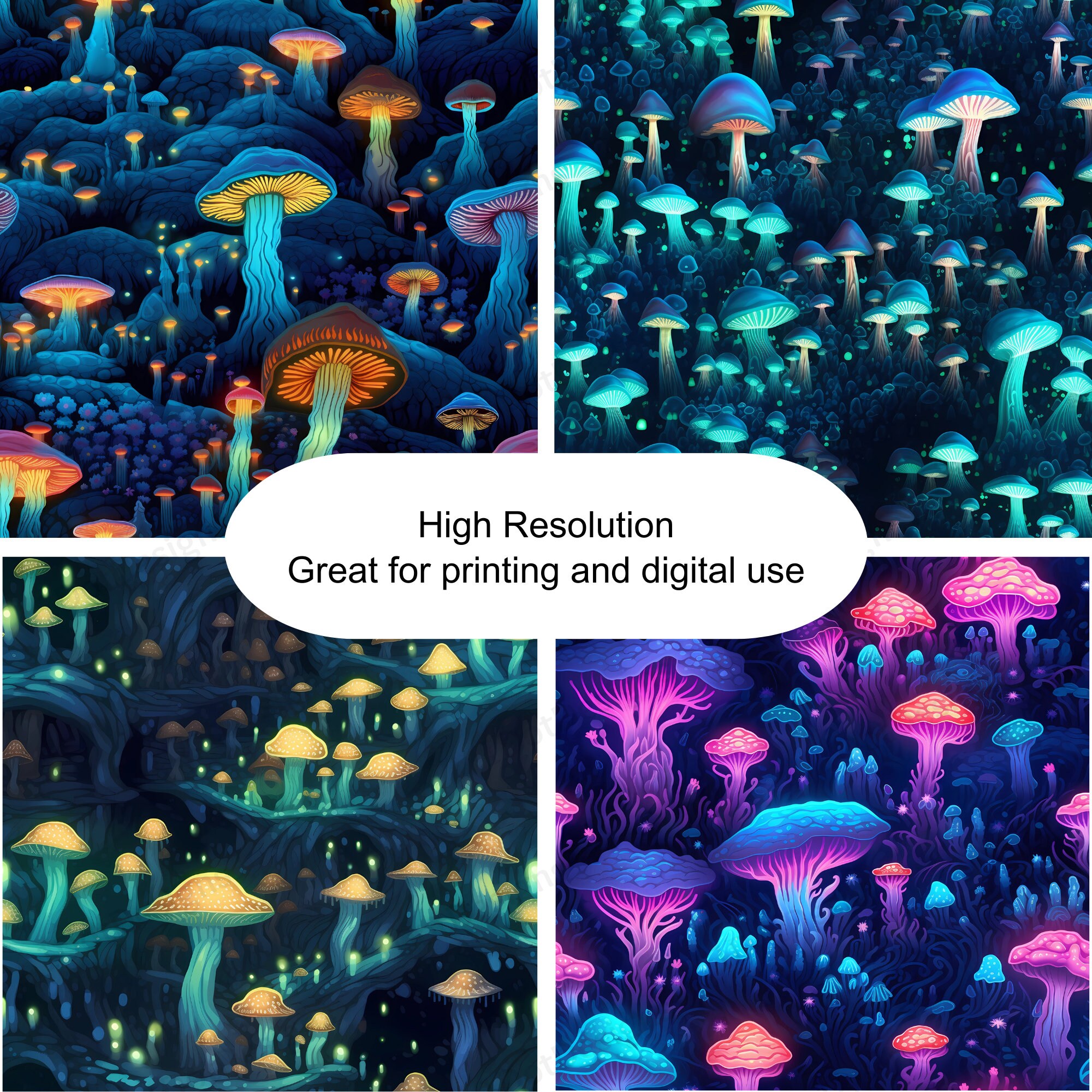 Magic Glowing Mushrooms Digital Paper, Seamless Pattern, Mystic ...