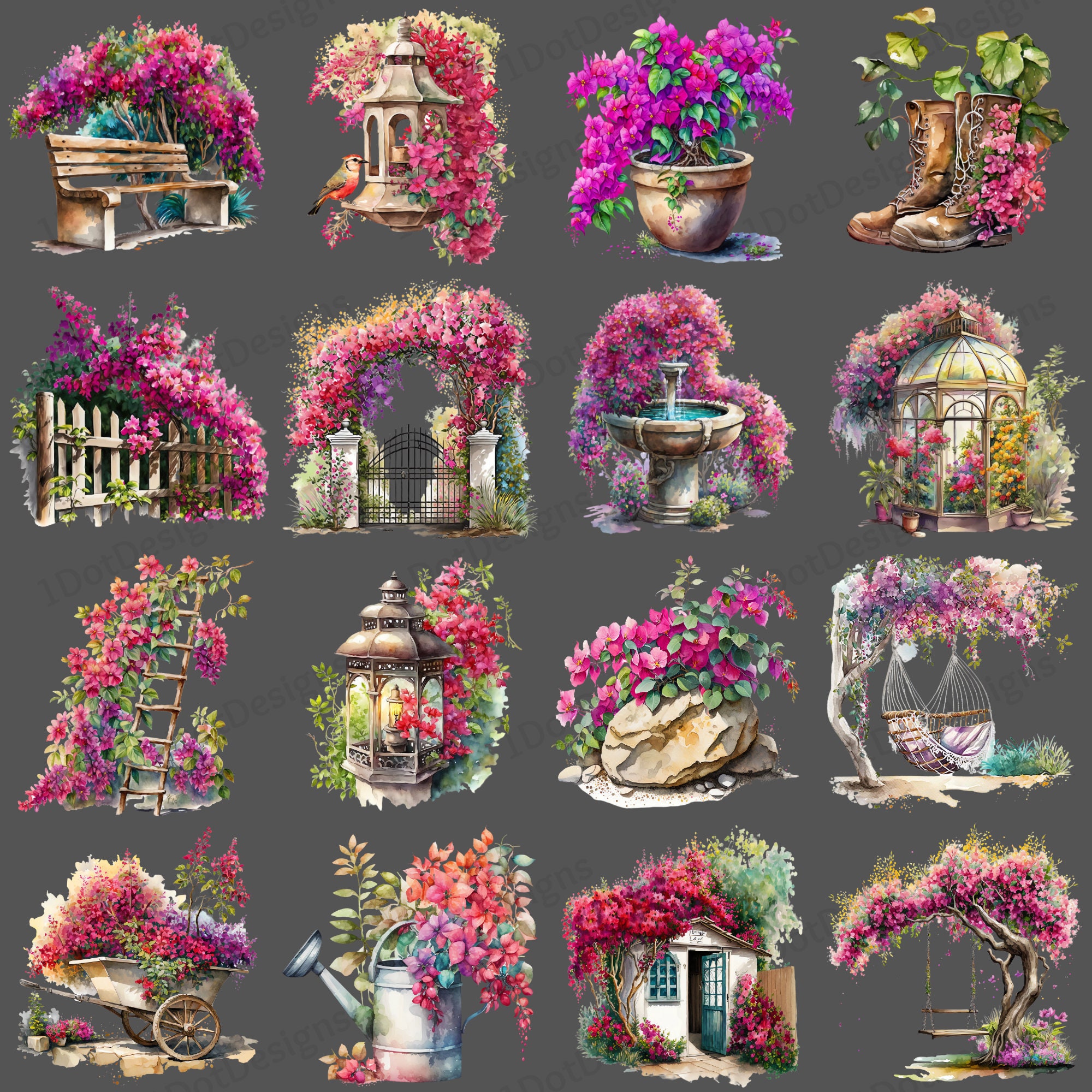 Watercolor Floral Garden Clipart Bundle Bougainvillea PNG - Etsy