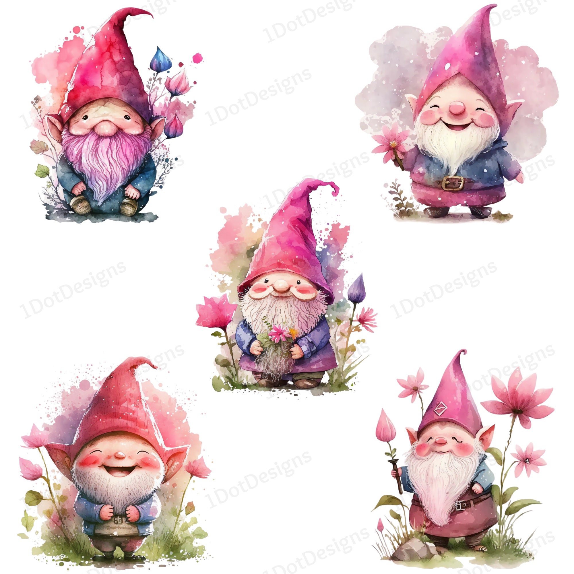 Pink Garden Gnome PNG Clipart, Watercolor Gnomes, Gnome Png, Floral ...