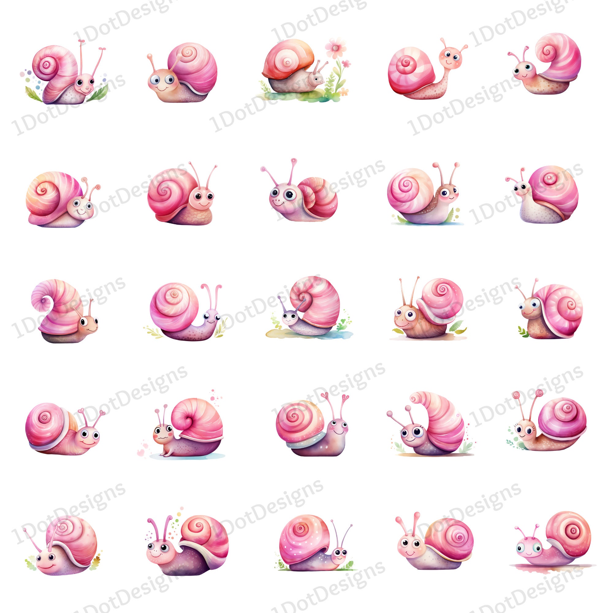 Cute Pink Snail Clipart Bundle, Nursery PNG, Pink Botanical Clipart ...