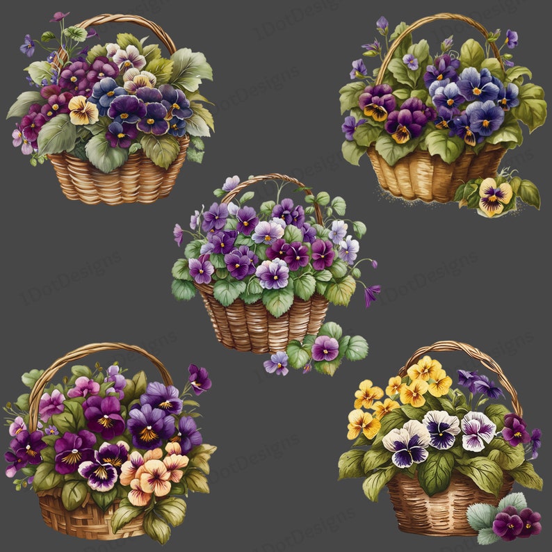 Violet Basket Clipart Bundle, Violets PNG, Watercolor Clipart, Floral ...