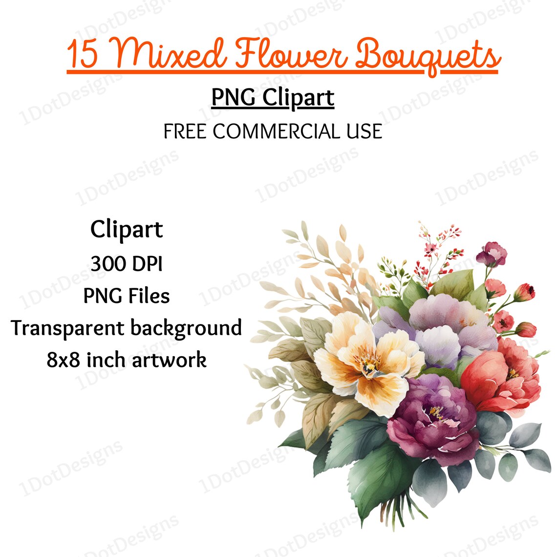 Watercolor Flower Bouquet Clipart, Floral PNG Bundle (digital Download ...