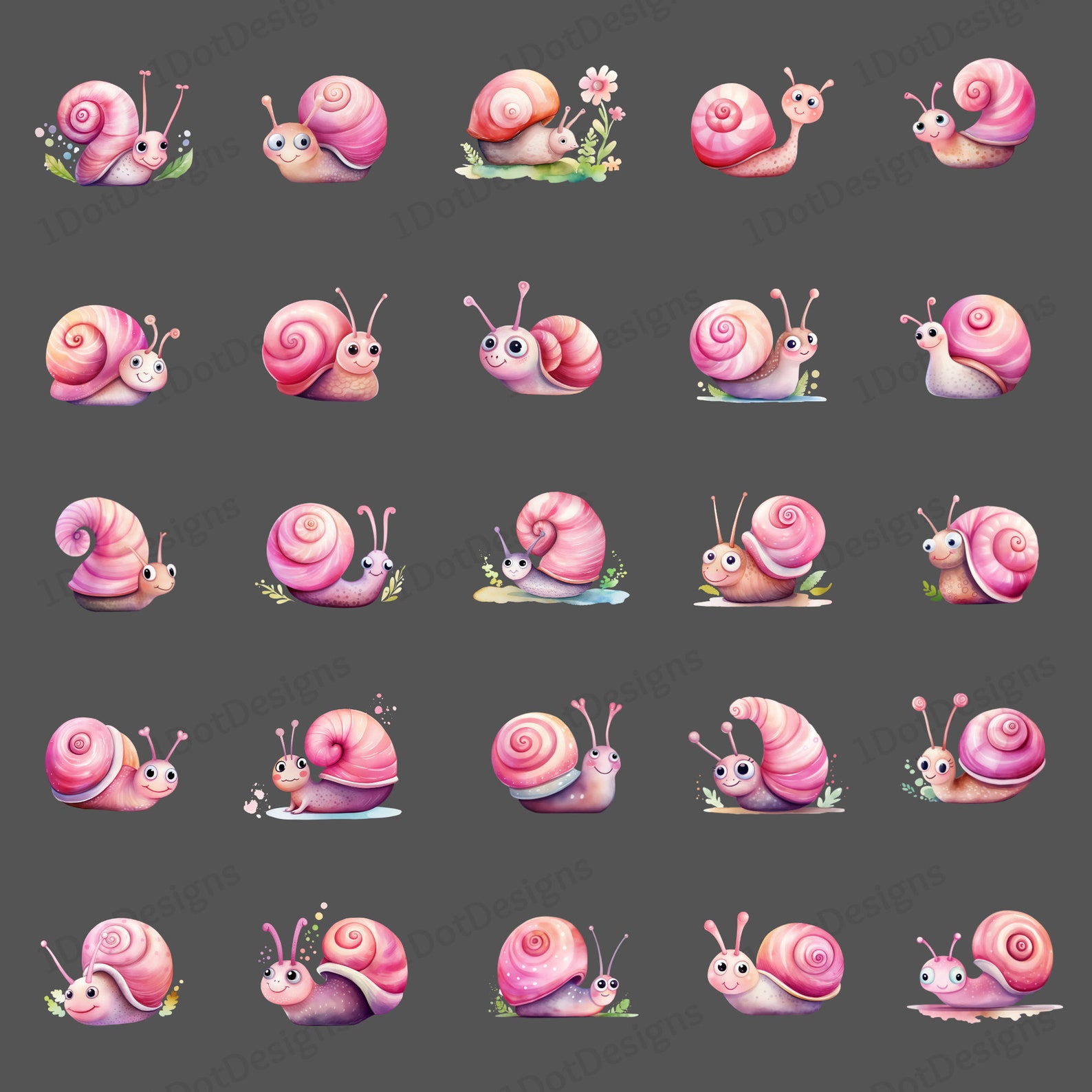 Cute Pink Snail Clipart Bundle, Nursery PNG, Pink Botanical Clipart ...