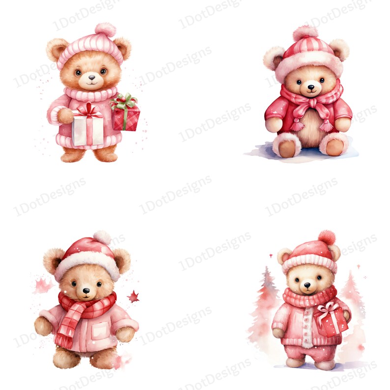 Pink Winter Teddy Bear Clipart Bundle, Christmas PNG, Christmas Clipart ...