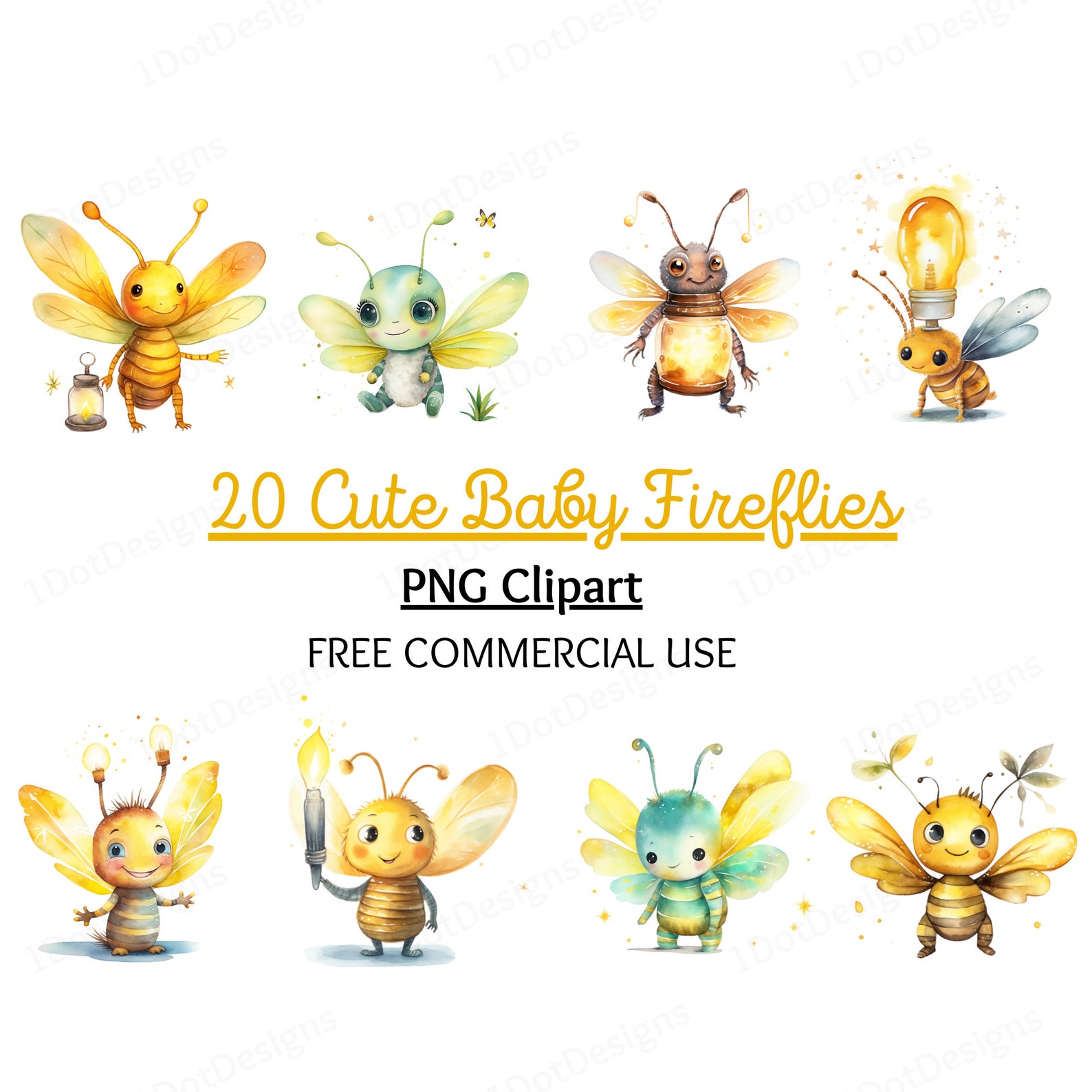 Cute Baby Fireflies Clipart Bundle, Nursery PNG, Watercolor Clipart ...