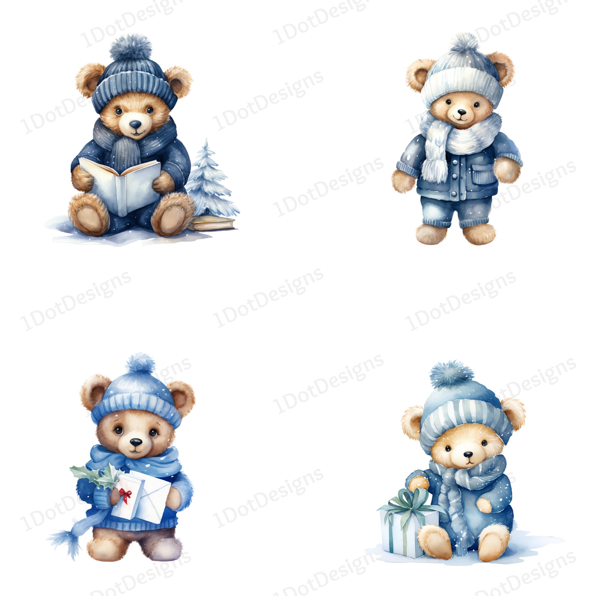 Winter Teddy Bear Clipart Bundle, Christmas PNG, Christmas Clipart, Blue Teddy Bear, Baby Boy ...