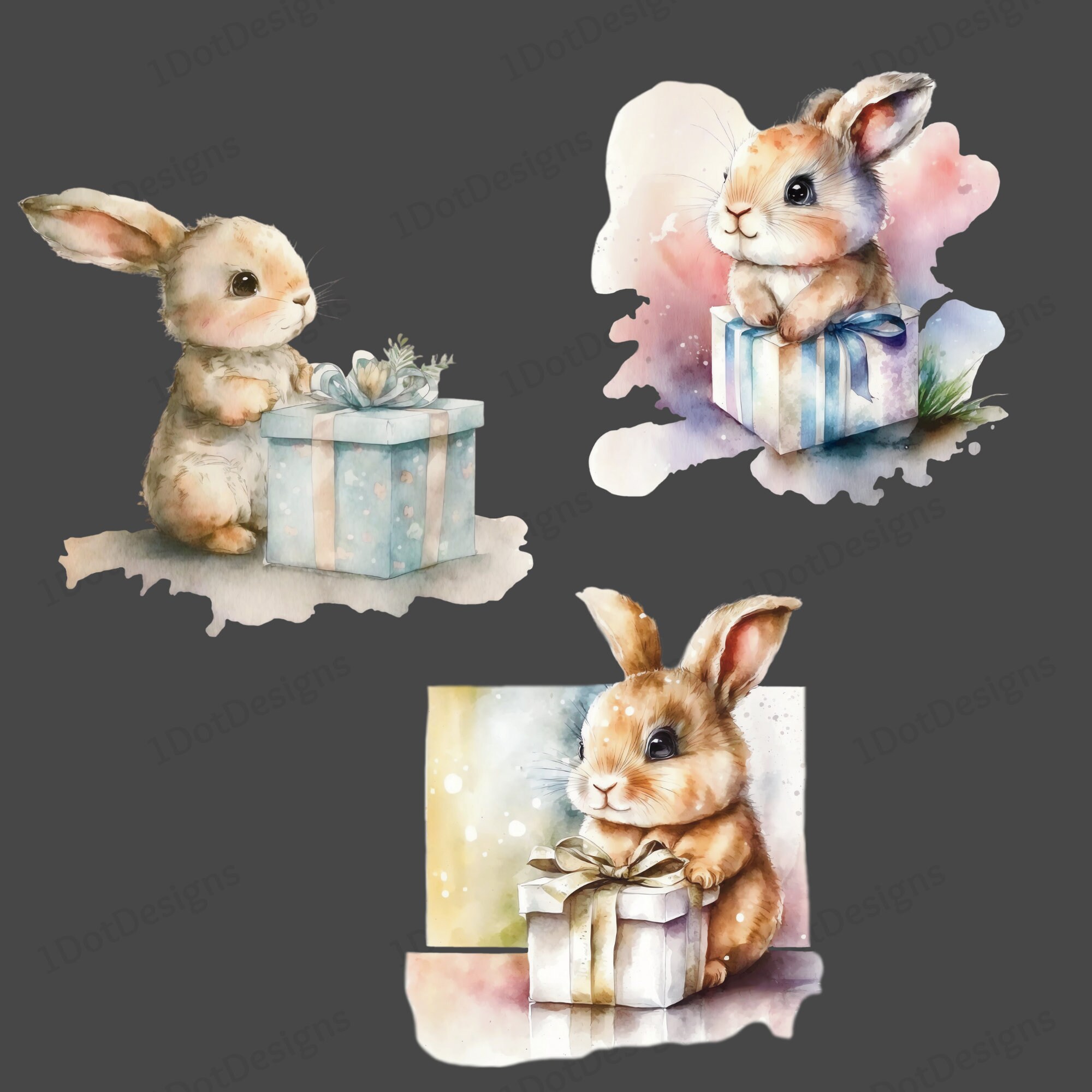 Bunny With Gift Box Clipart Bundle, Watercolor Clipart, Cute Bunnies ...