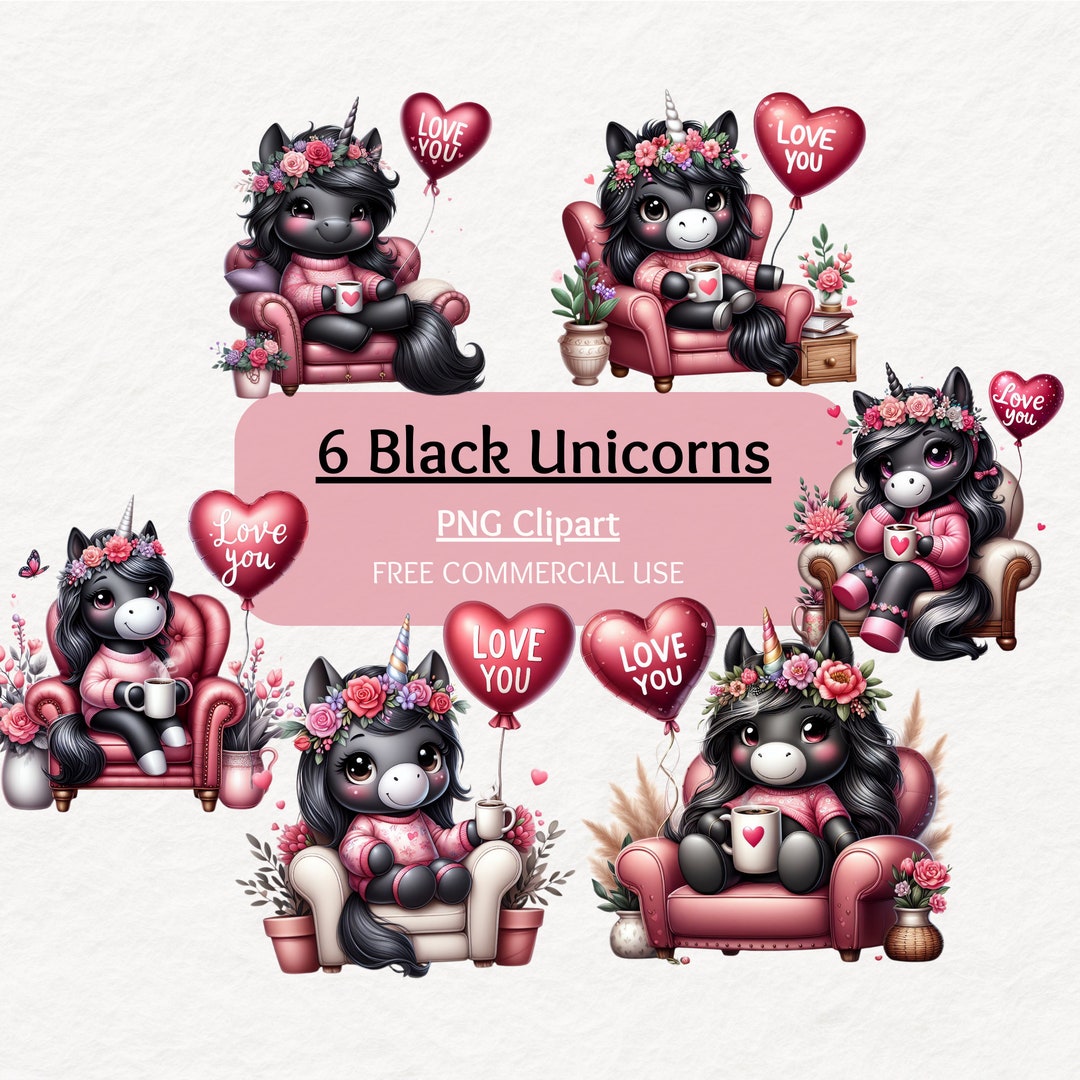 Black Unicorn Clipart Bundle, Valentines Clipart, Cute Unicorn Clipart ...
