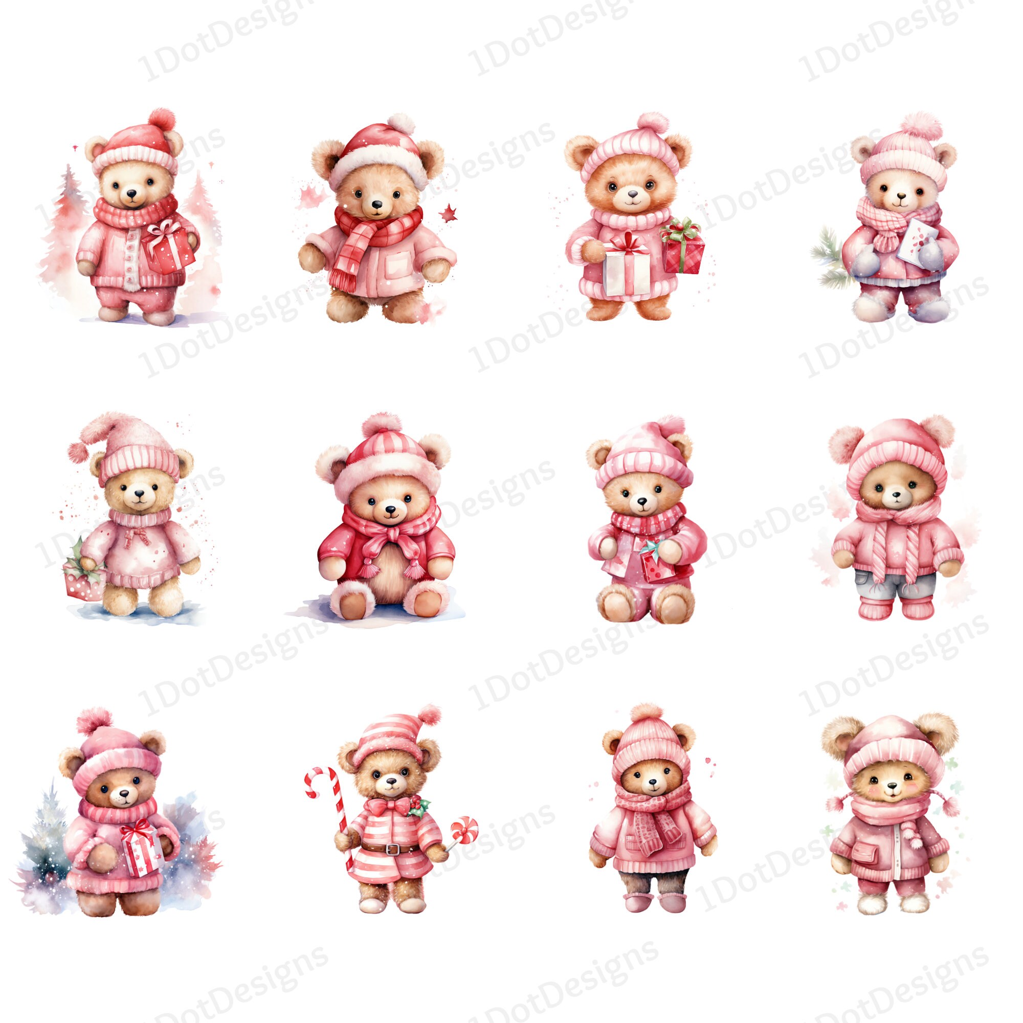 Pink Winter Teddy Bear Clipart Bundle, Christmas PNG, Christmas Clipart, Pink Teddy Bear, Baby ...
