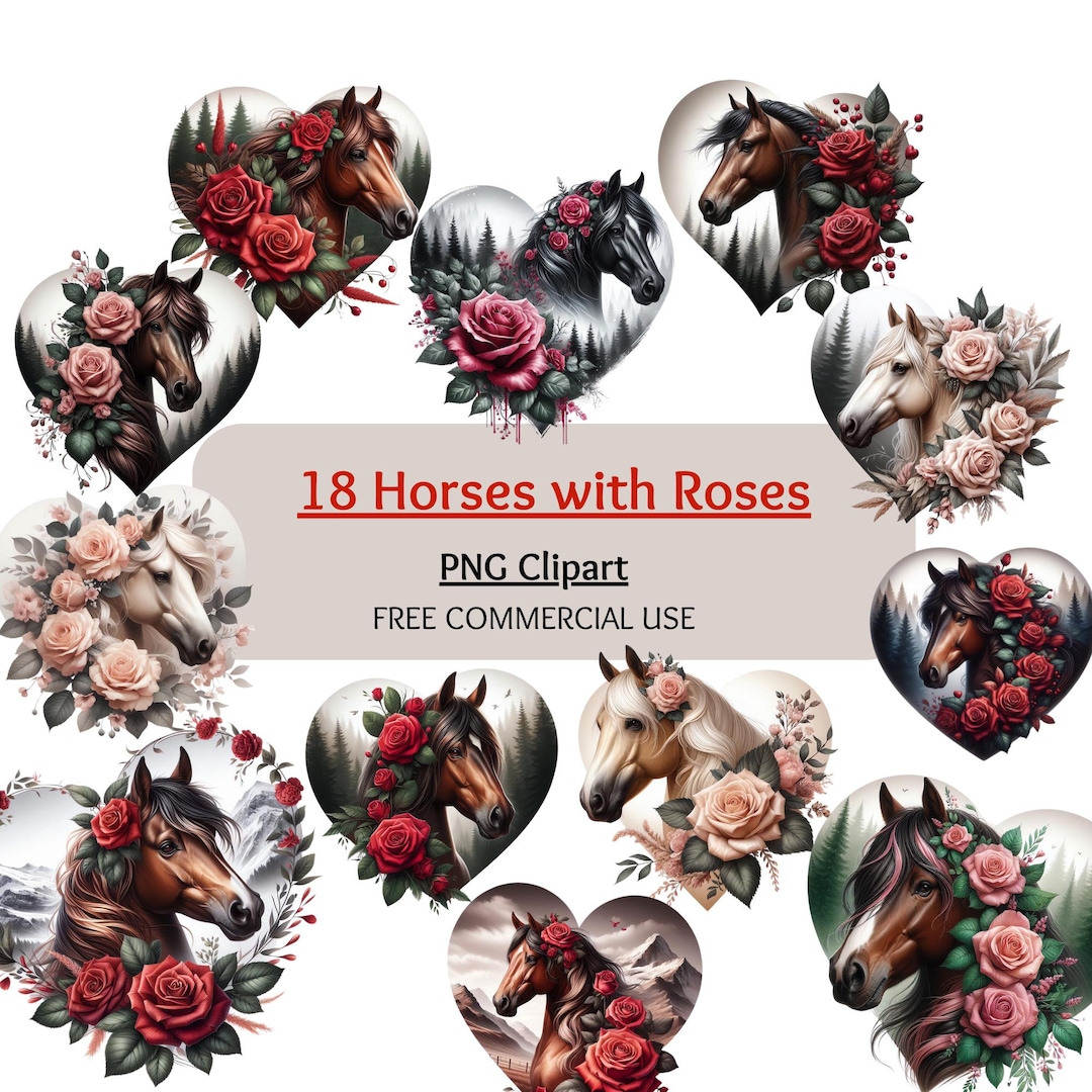 Horses With Roses Clipart, Horse Heart PNG, Horse Clipart, Floral Horse ...
