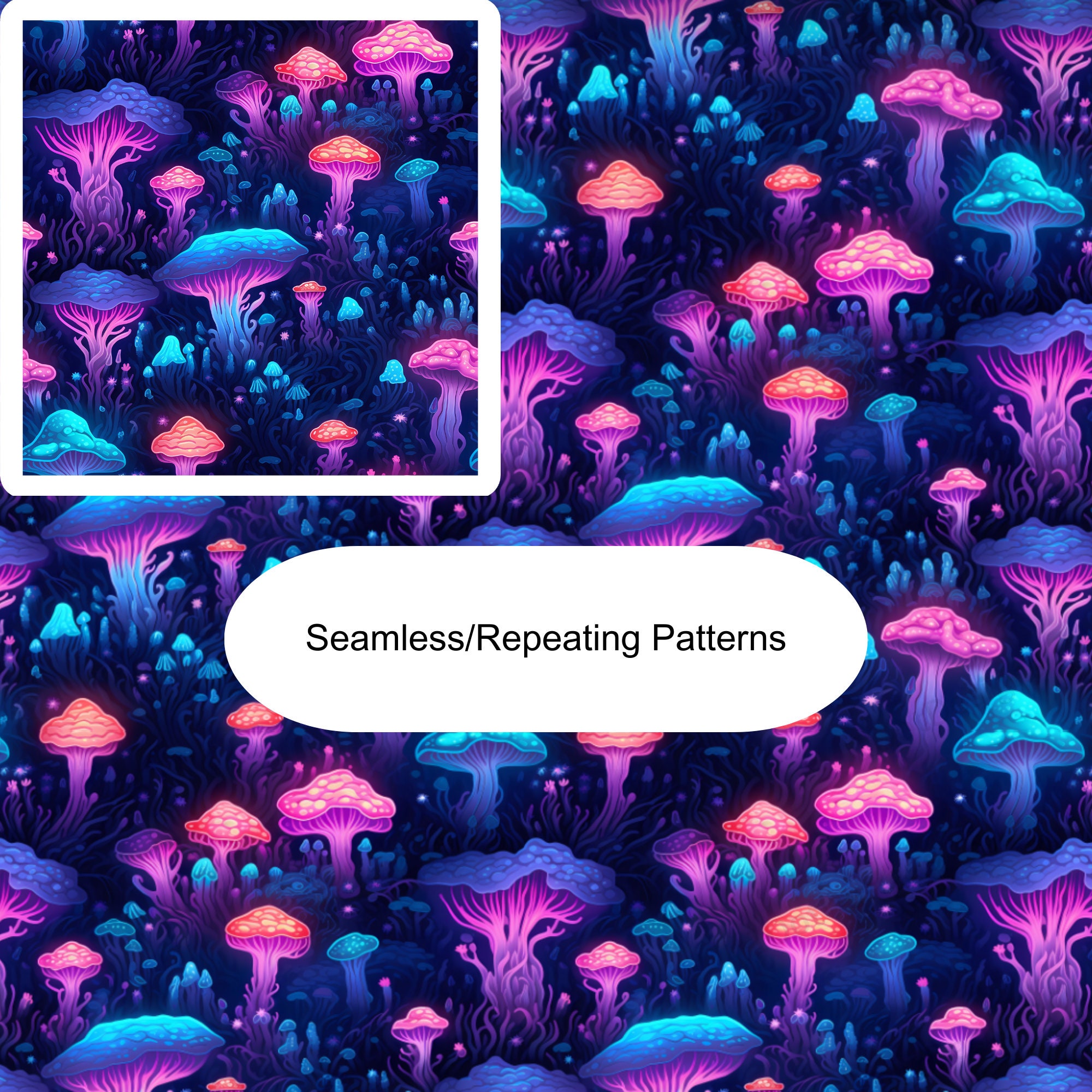 Magic Glowing Mushrooms Digital Paper, Seamless Pattern, Mystic ...