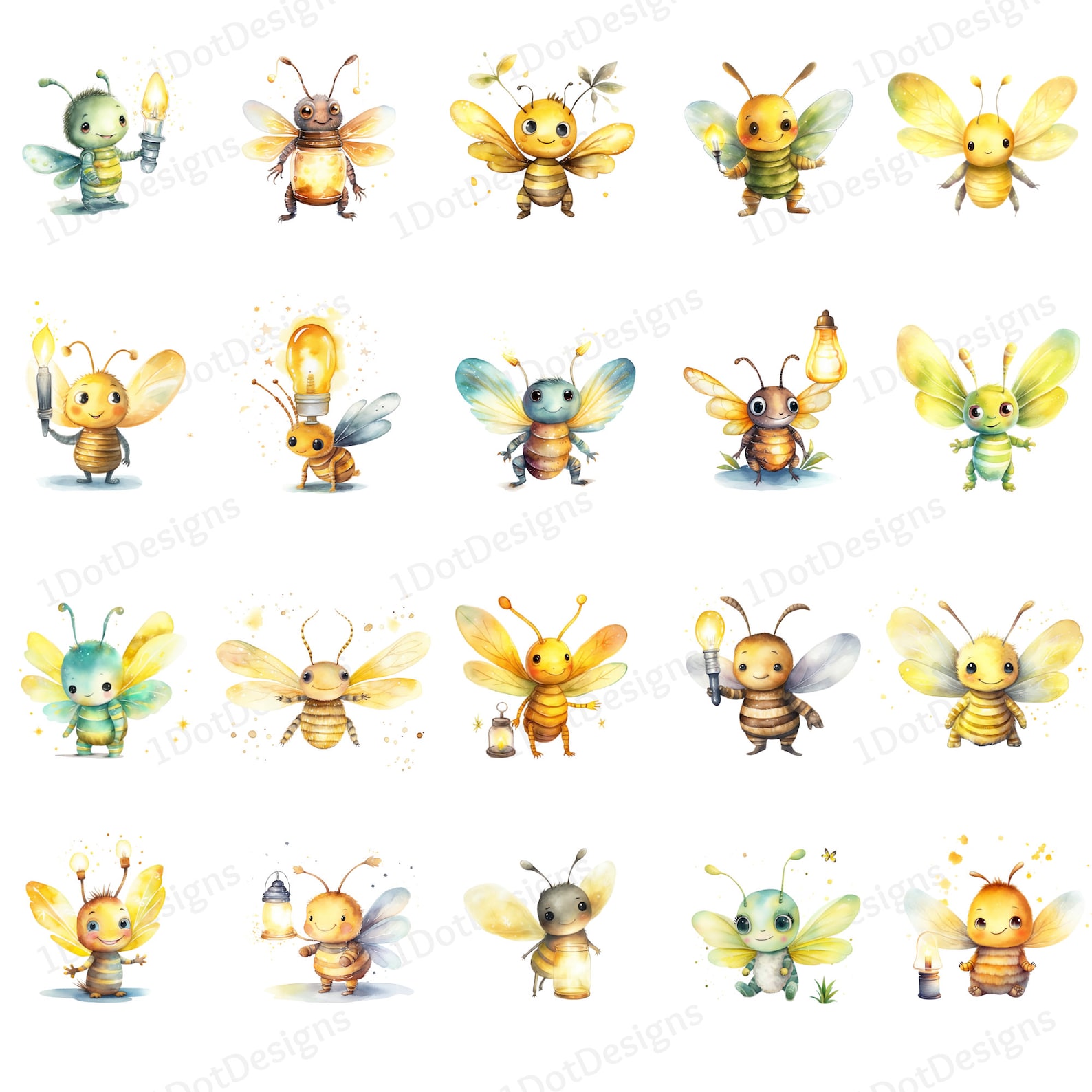 Cute Baby Fireflies Clipart Bundle, Nursery PNG, Watercolor Clipart ...