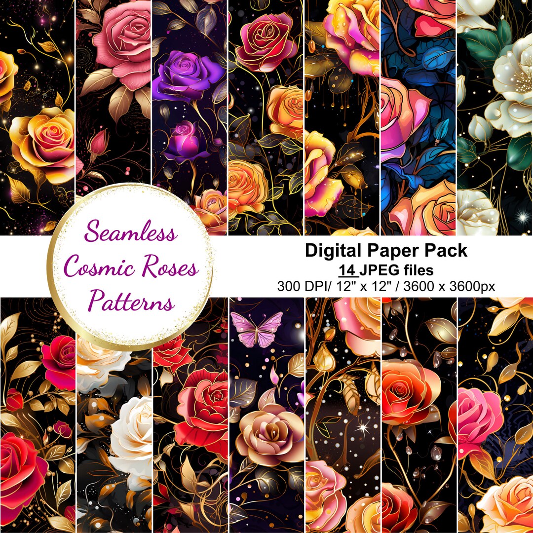 Cosmic Roses Seamless Pattern, Roses Digital Paper, Magic Background ...