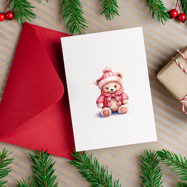 Pink Winter Teddy Bear Clipart Bundle, Christmas PNG, Christmas Clipart ...