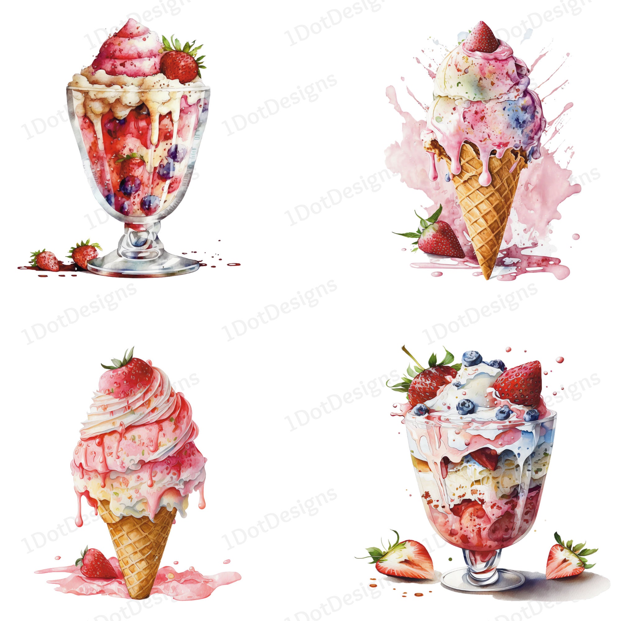 Strawberry Icecream Clipart Bundle, Summer PNG, Watercolor Clipart ...