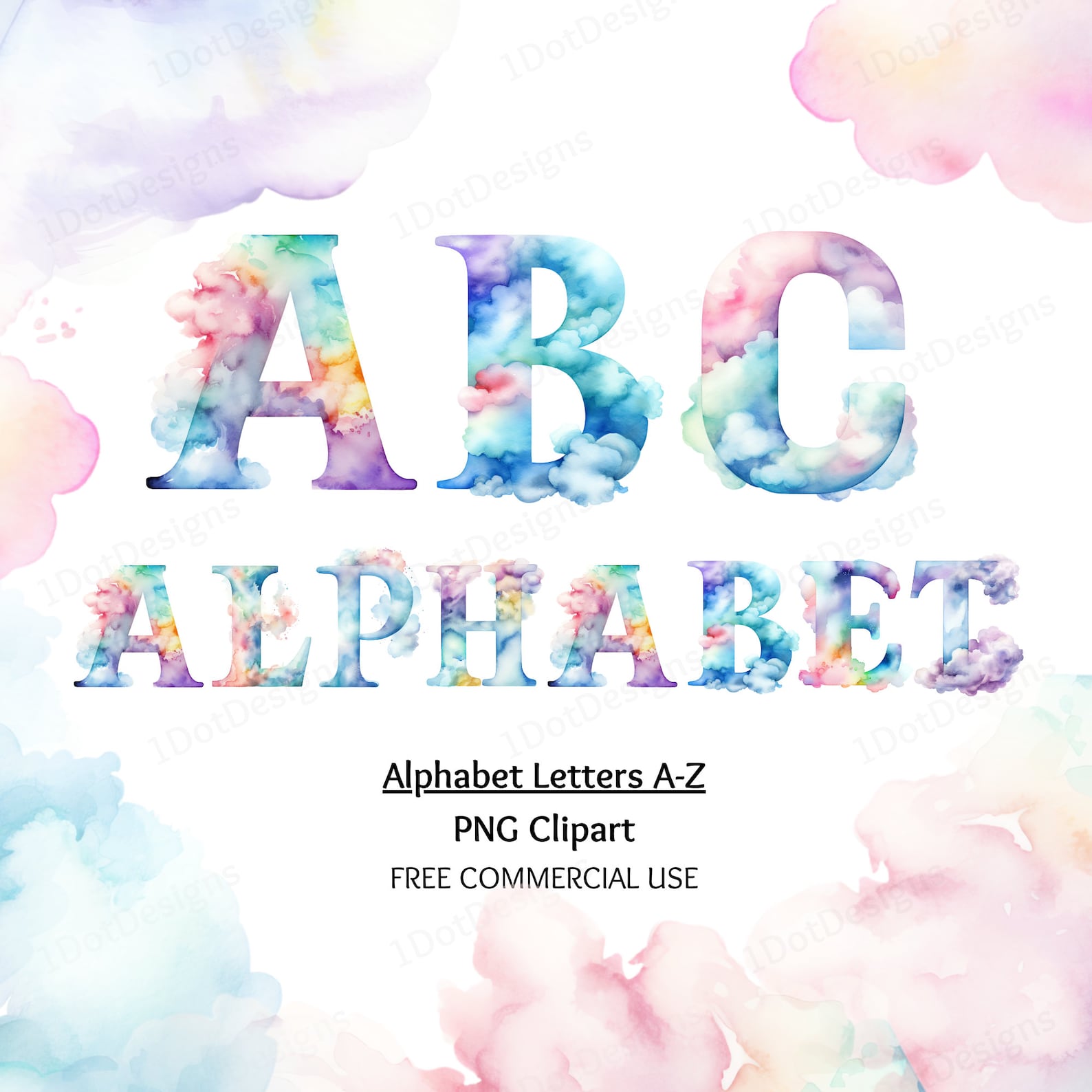 Pastel Watercolor Alphabet Clipart, Cloud Letter PNG (digital Download ...
