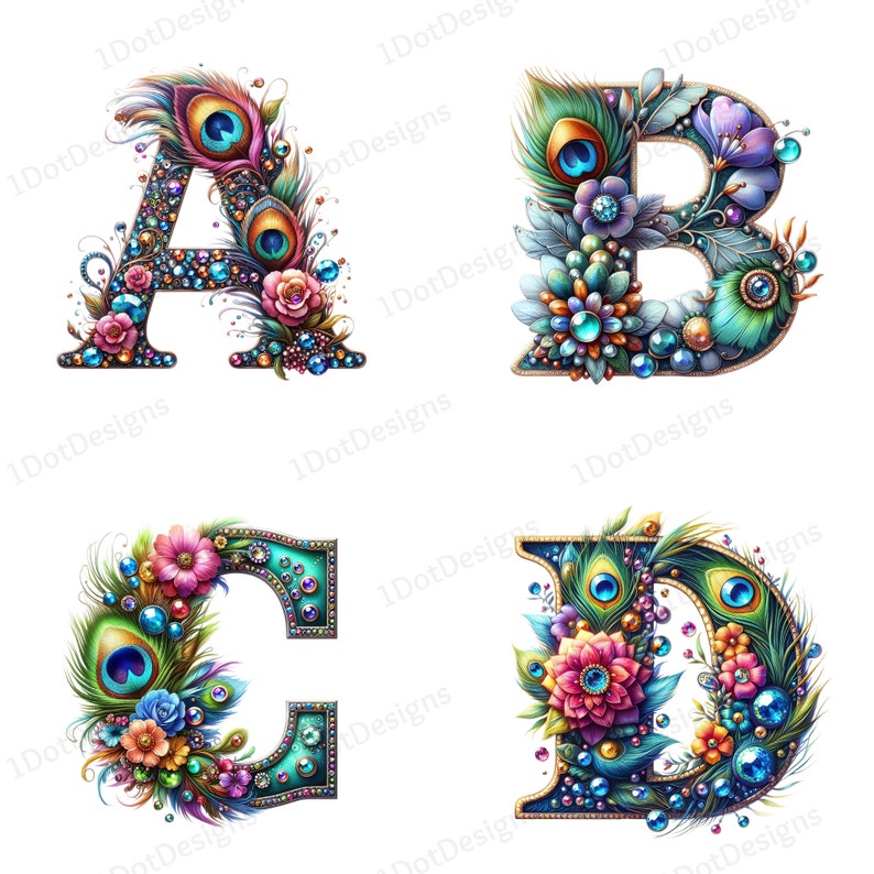 Peacock Alphabet Clipart: Watercolor Floral Letters (digital Download ...