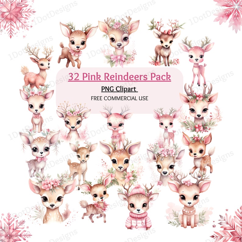 Pink Reindeer Clipart Bundle, Christmas PNG, Christmas Clipart, Baby ...