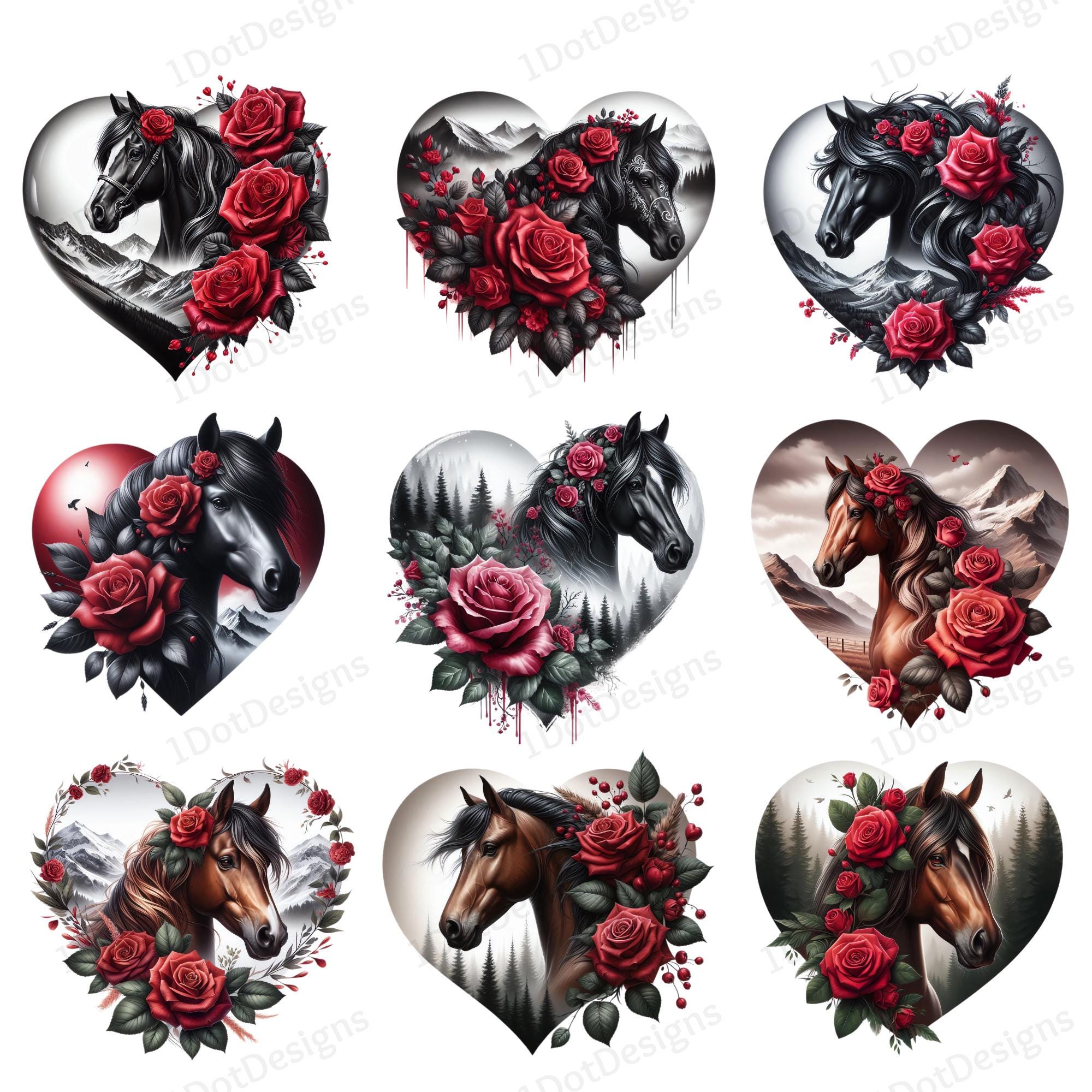 Horses With Roses Clipart, Horse Heart PNG, Horse Clipart, Floral Horse ...