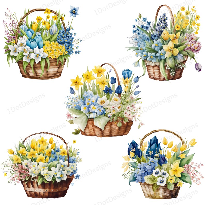 Spring Floral Basket Clipart Bundle, Floral PNG, Watercolor Clipart ...
