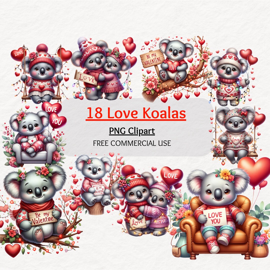 Valentine Koala Clipart Bundle, Valentines Day Clipart, Love Clipart ...