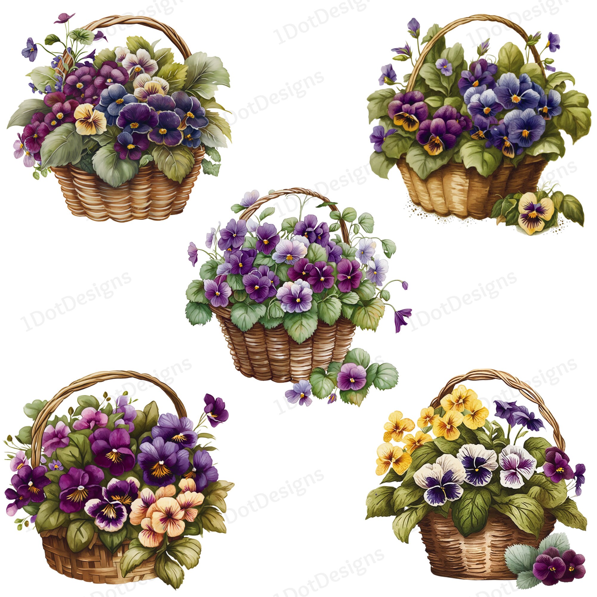 Violet Basket Clipart Bundle, Violets PNG, Watercolor Clipart, Floral ...