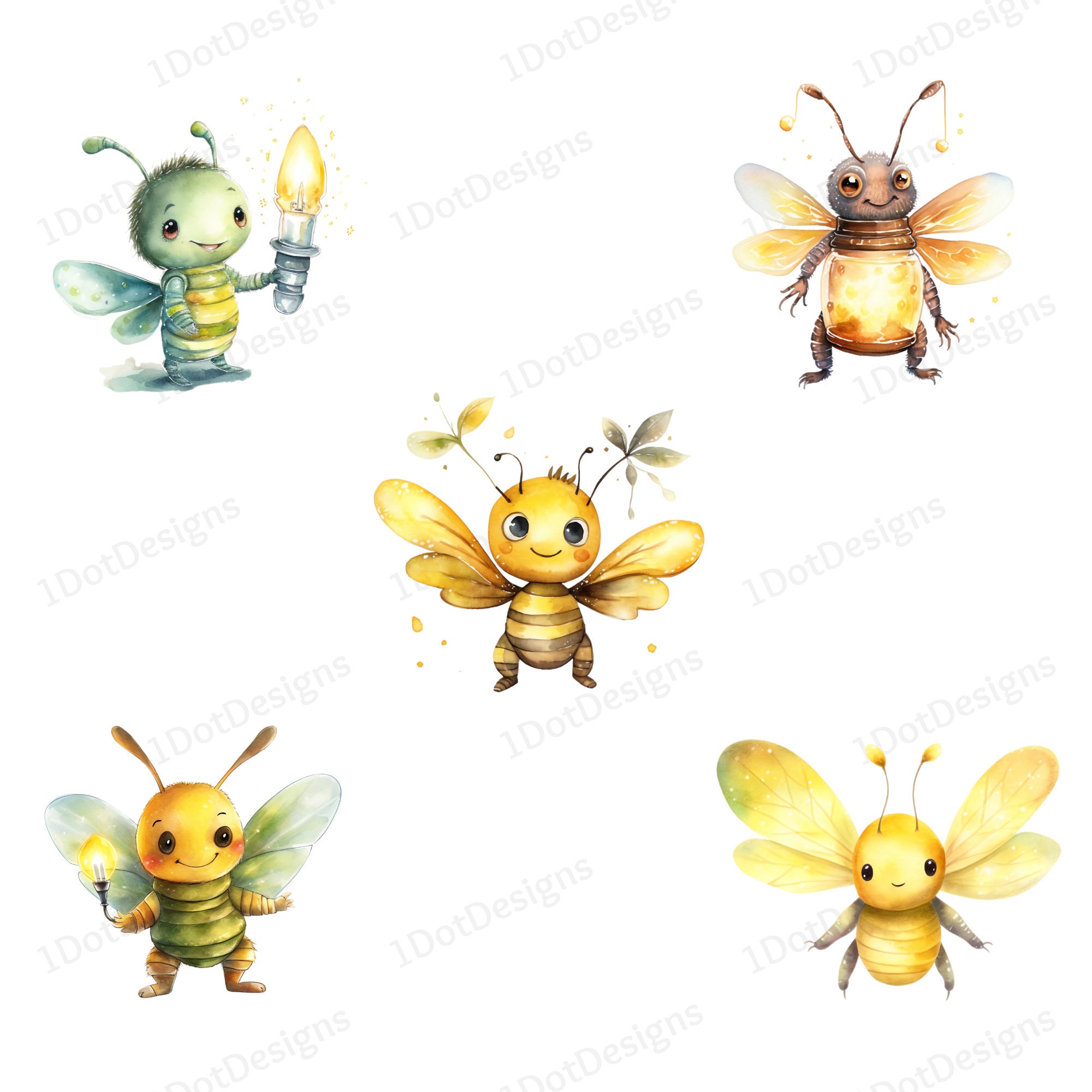 Cute Baby Fireflies Clipart Bundle, Nursery PNG, Watercolor Clipart ...
