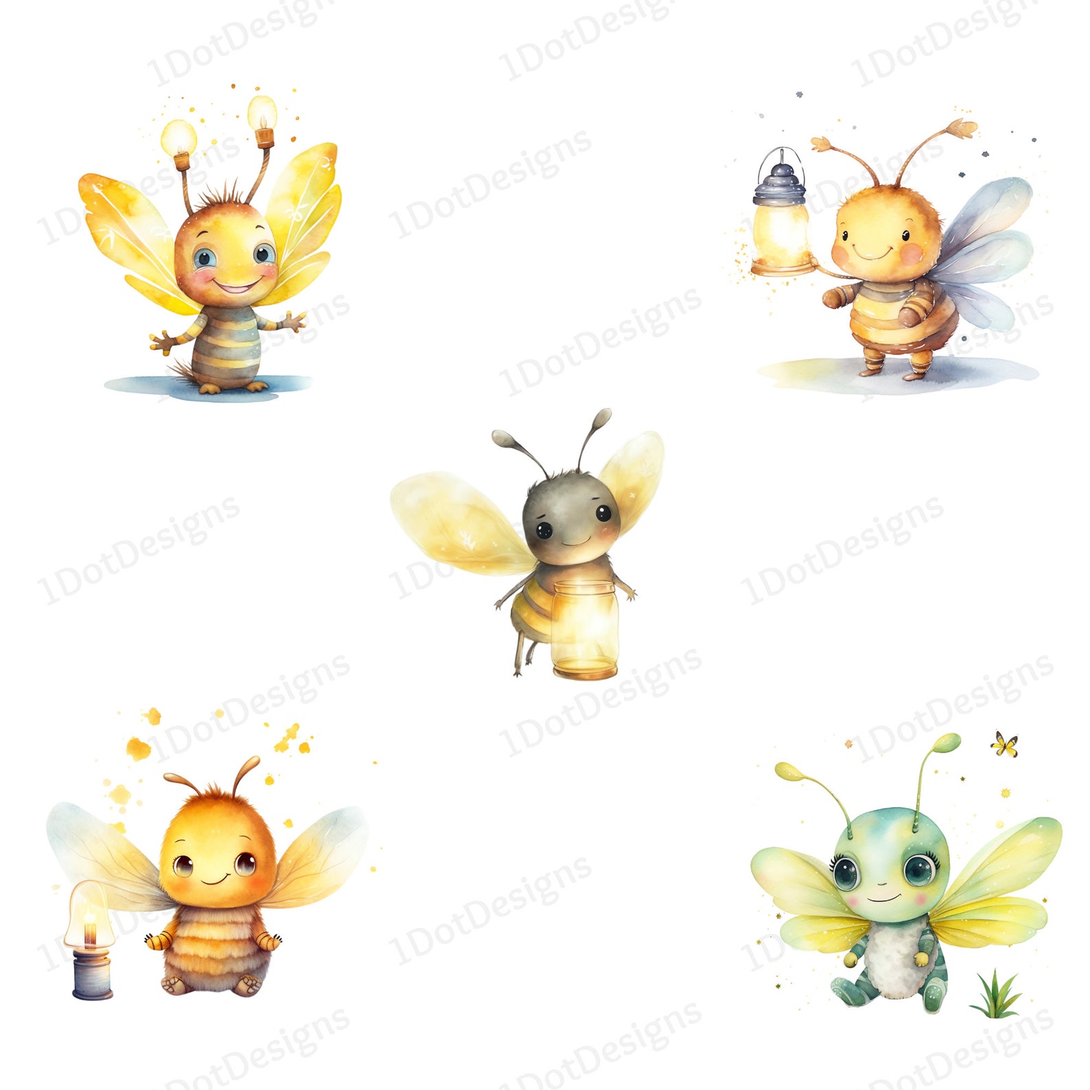 Cute Baby Fireflies Clipart Bundle, Nursery PNG, Watercolor Clipart ...