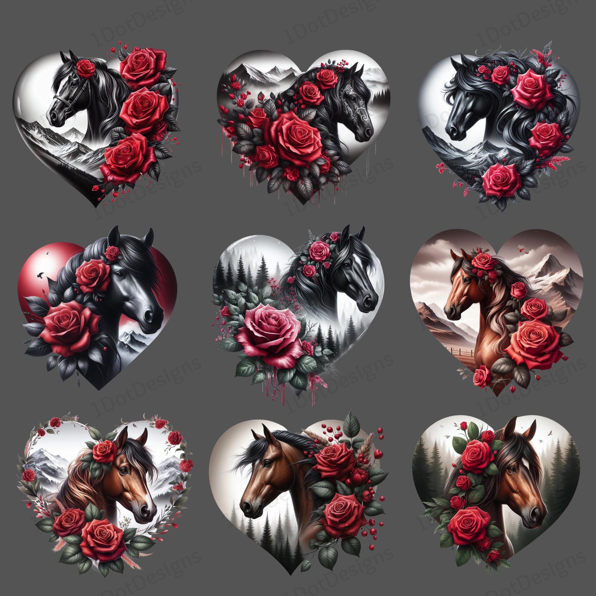 Horses With Roses Clipart, Horse Heart PNG, Horse Clipart, Floral Horse ...